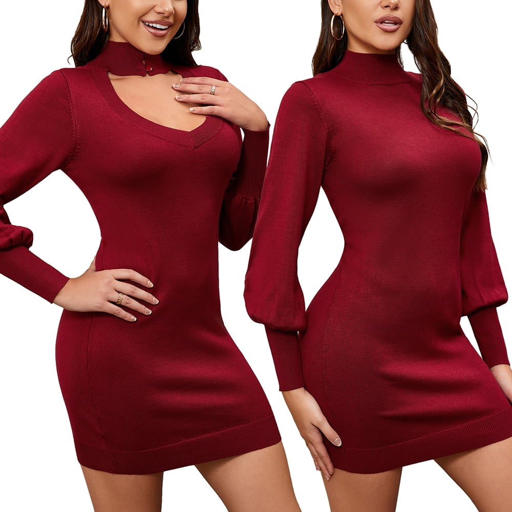 Women's High Neck Sweater Dress Long Sleeve Backless Cut Out See ...