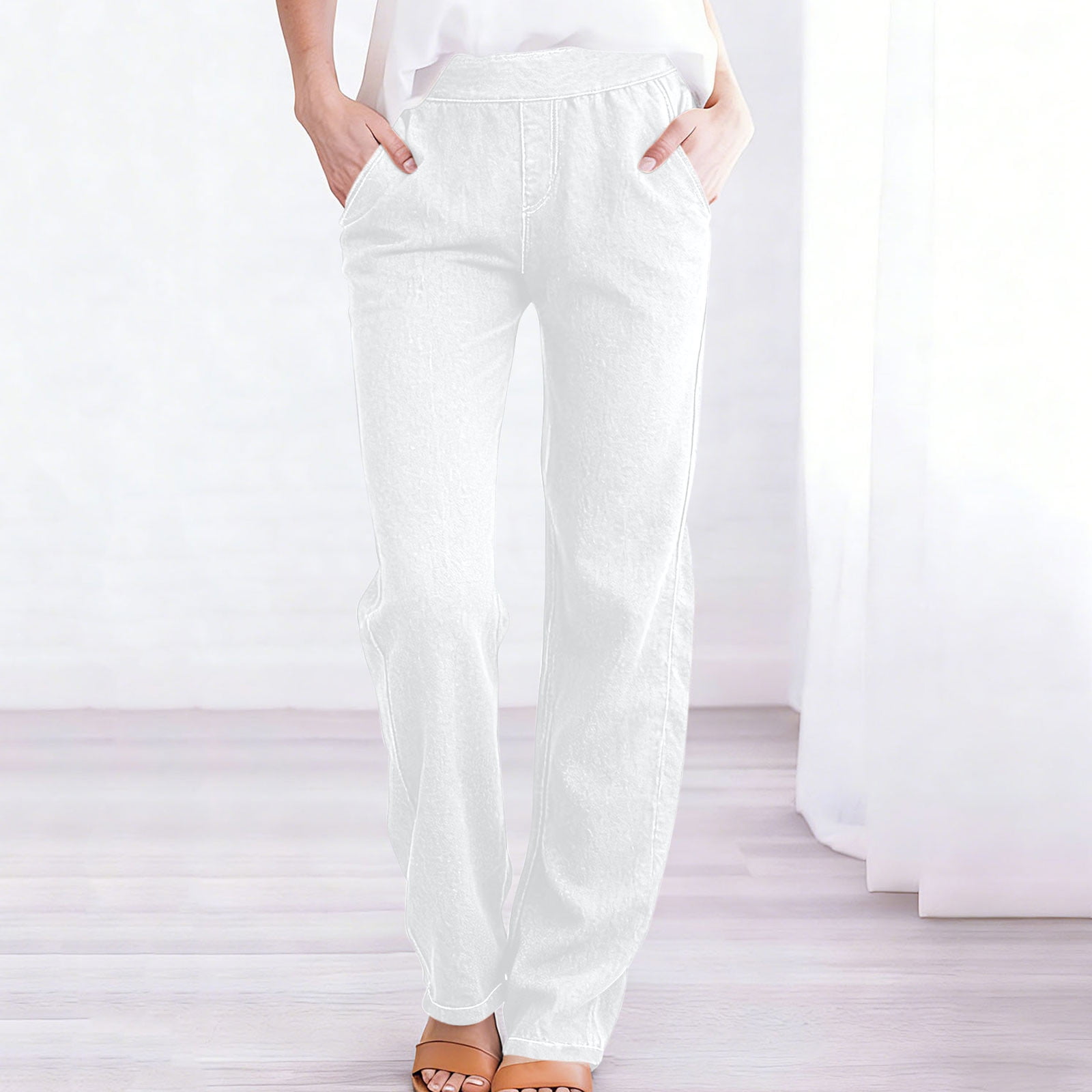 Women's High Rise Straight Leg Elastic Waist Faux Jeans Stretch Denim ...