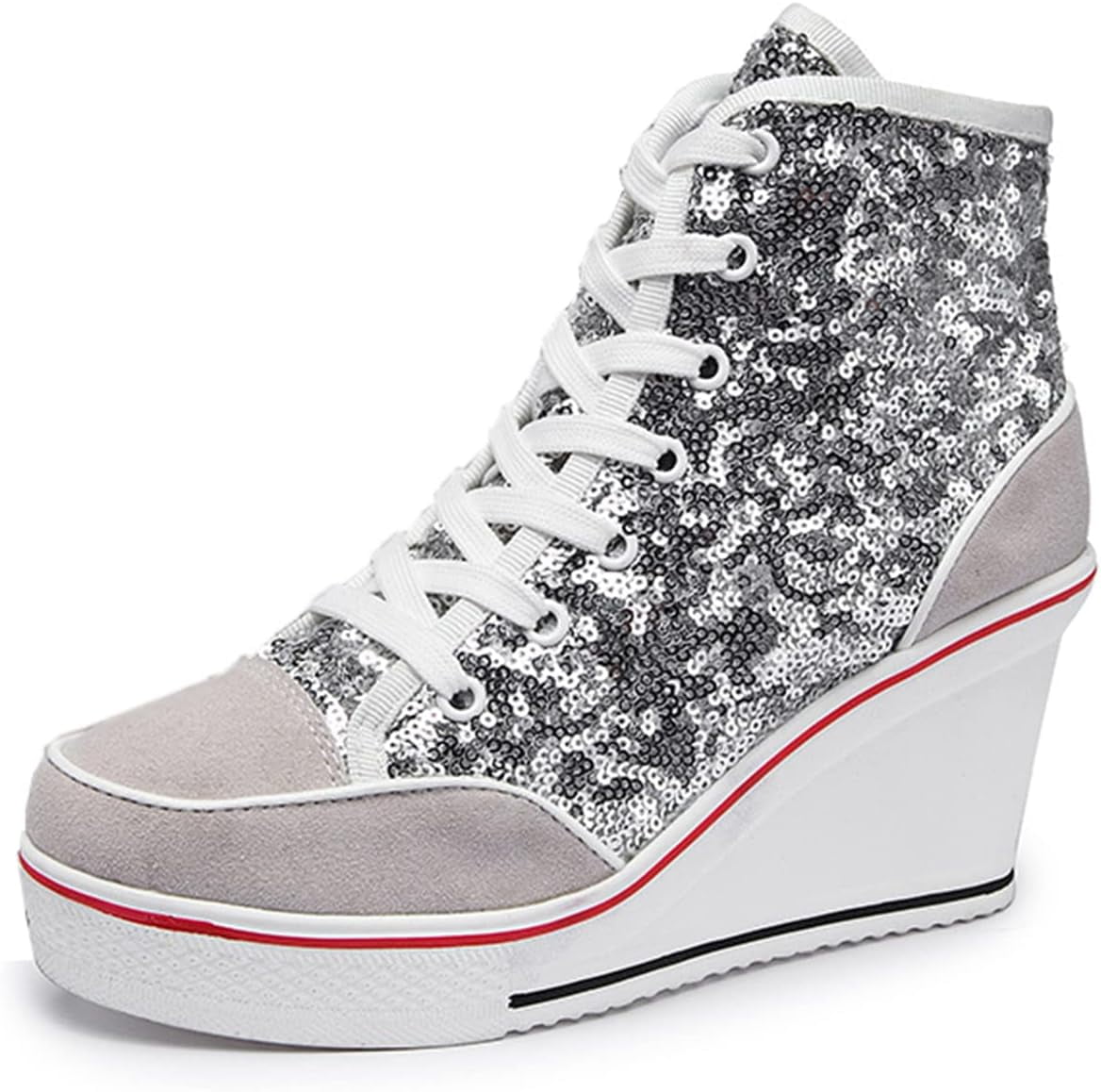 Women's High-Top Canvas Sneakers, Wedge Heel with Lace-Up Design ...