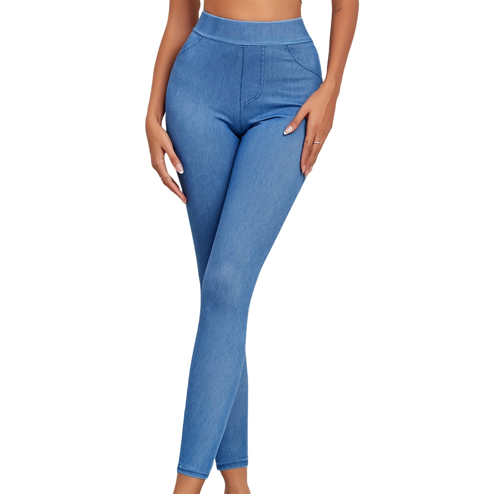 Women's High Waist Compressed Faux Denims Leggings Breathable Workout ...