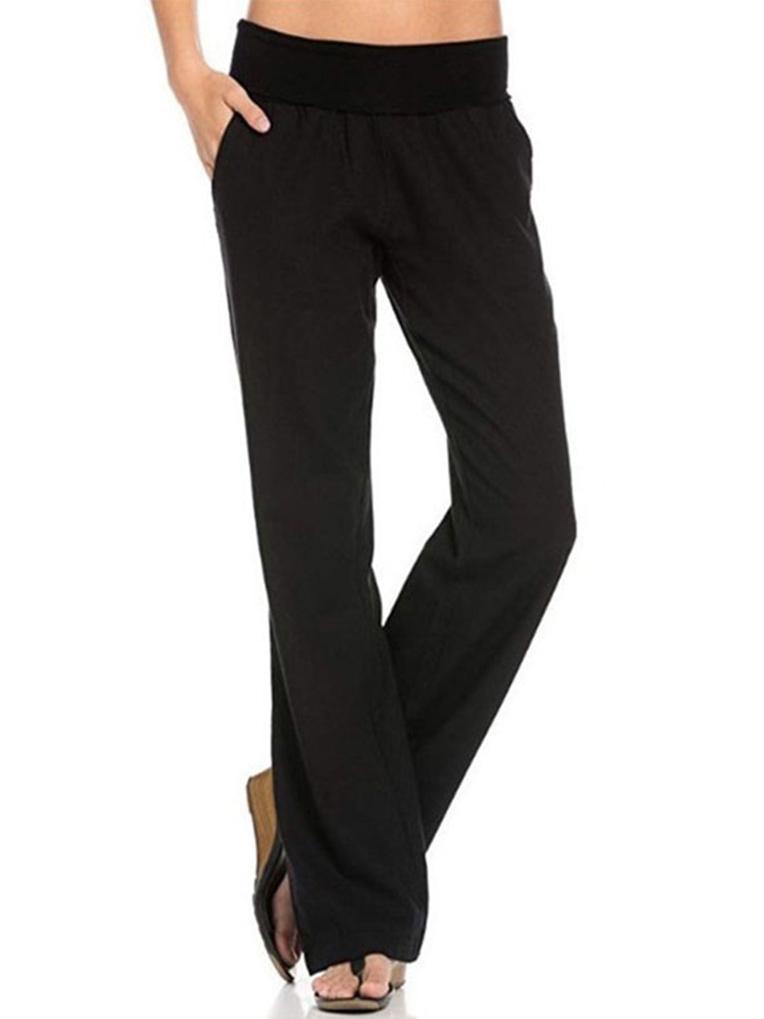 Womens High Waist Cotton Linen Pants With Elastic Waistband And