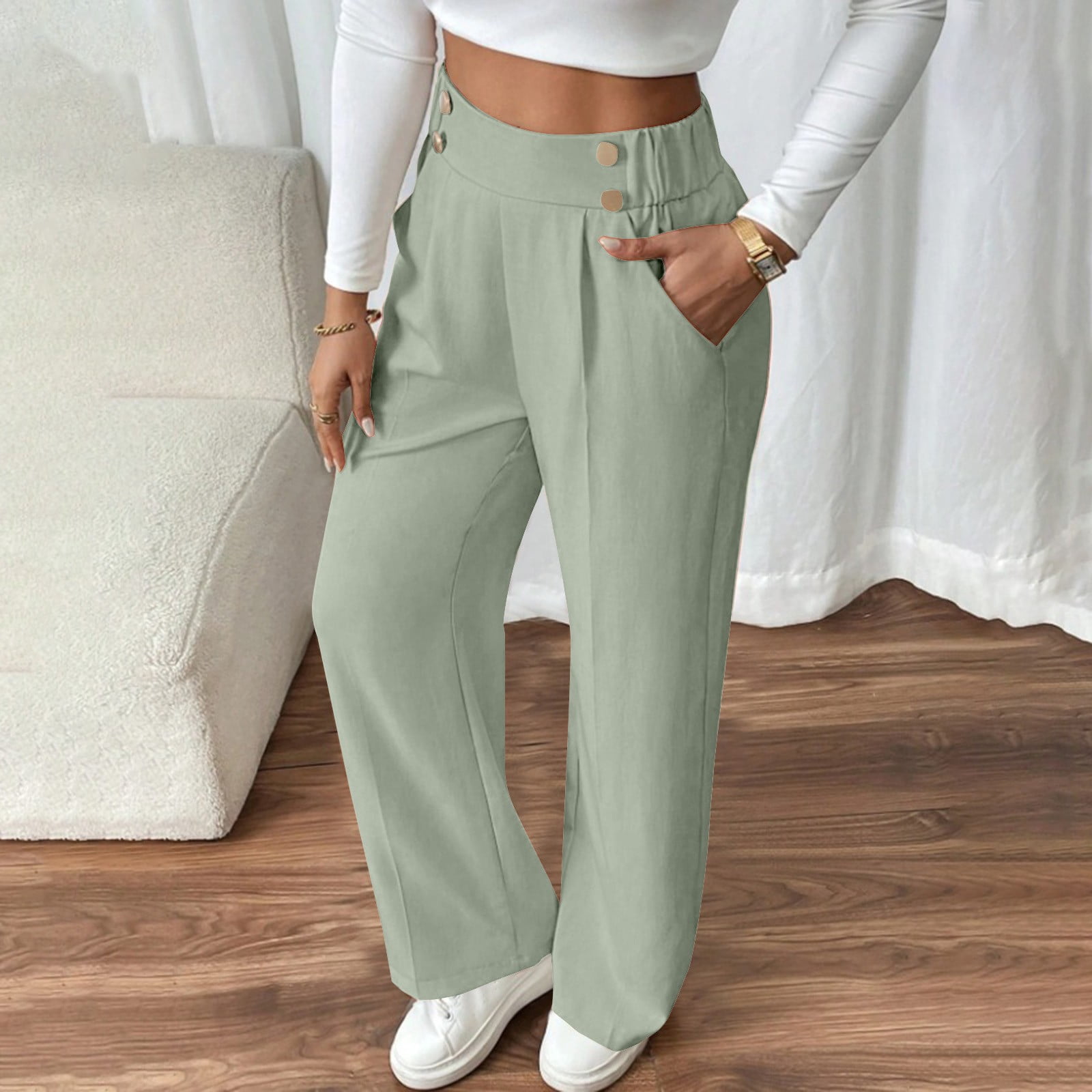 Women's High Waist Draped Floor Length Pants, Elastic Waist Straight ...