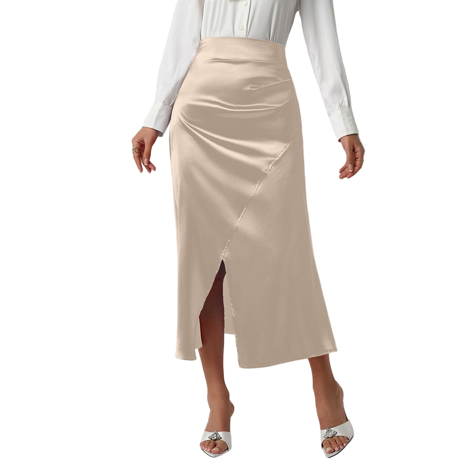 Women's High Waist Elegant Satin Maxi Skirt with Side Slit - French ...