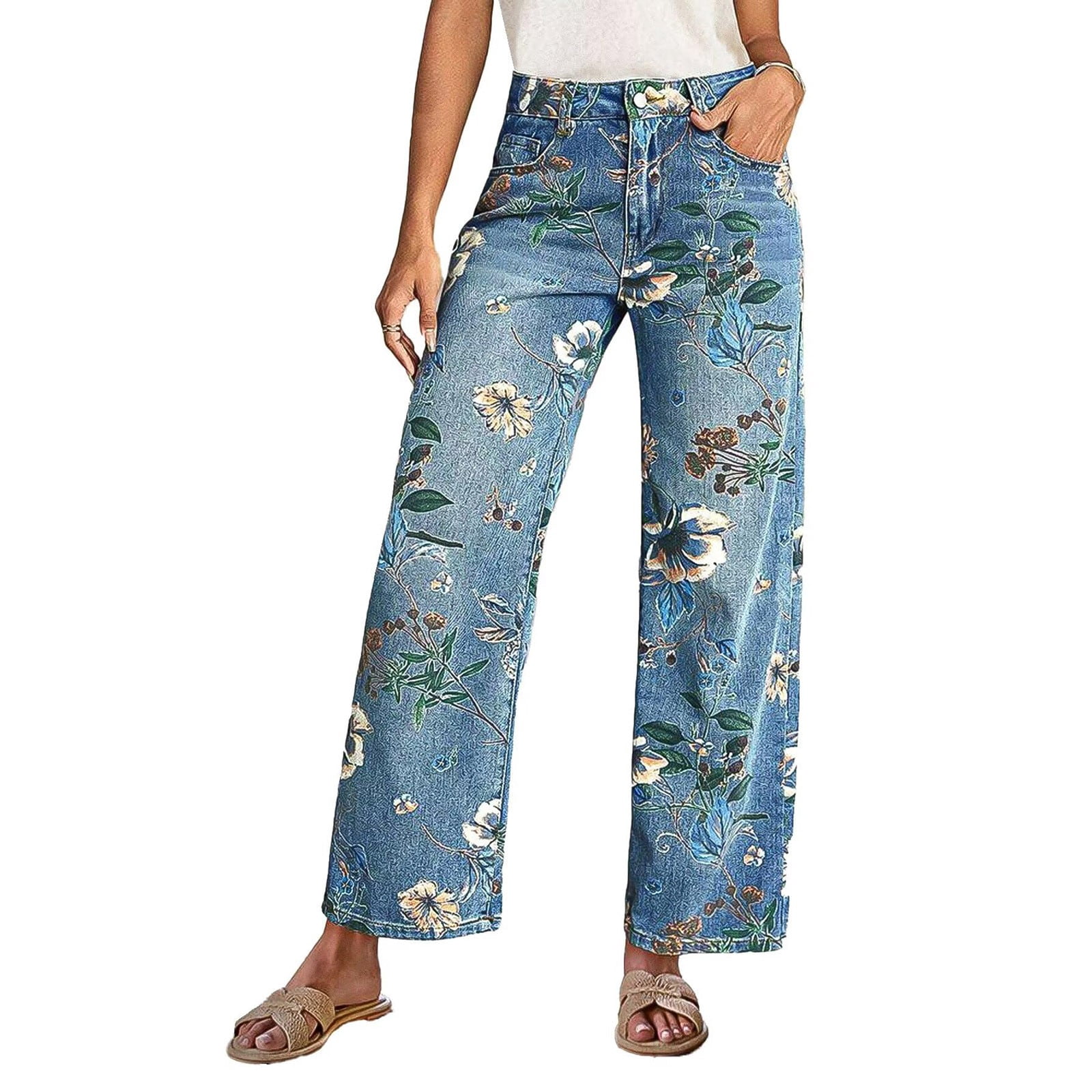 Women's High Waist Floral Print Jeans, Loose Fit Straight Leg Denim ...