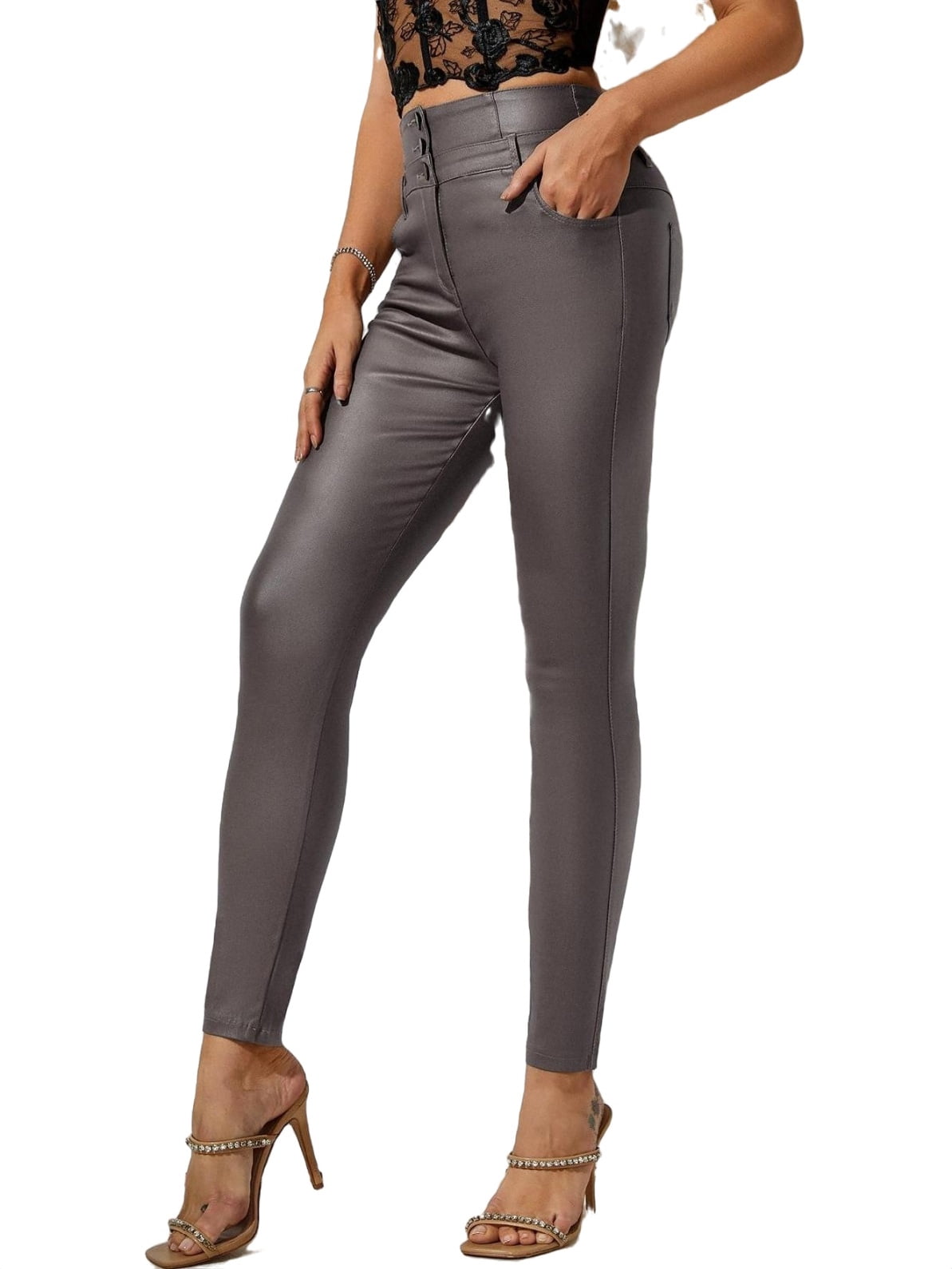 Women's High Waist Leather Button Up Skinny Pants Grey - Walmart.com