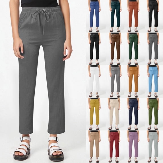 Women's High Waist Linen Pants Straight Leg Casual Loose Summer Beach ...