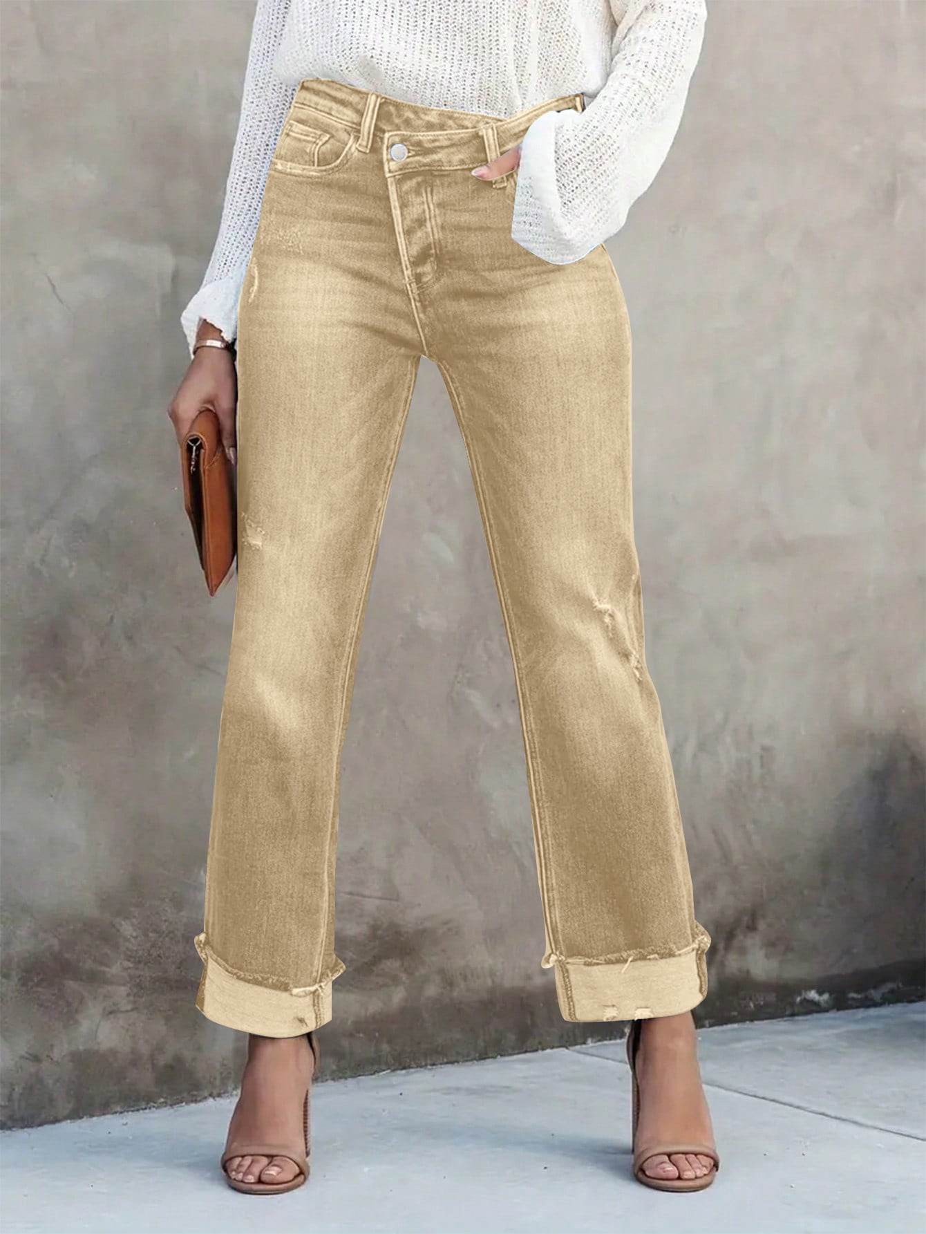 Women's High Waist Straight Leg Jeans - High Cotton Denim with Non-Iron ...