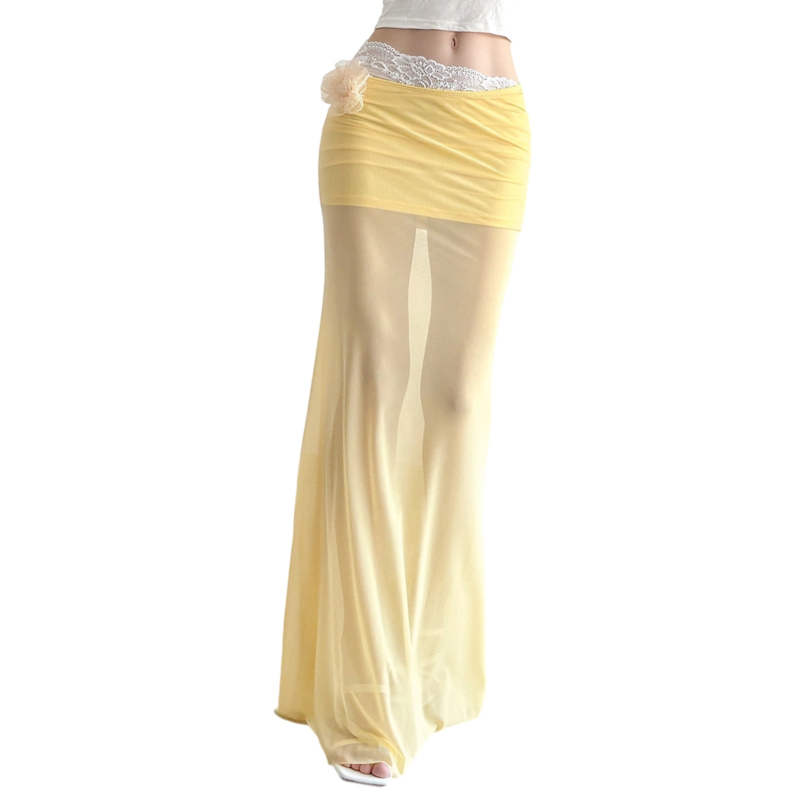 Women's High Waist Stretch Fish Tail Long Skirt See Through Ruched Mesh ...