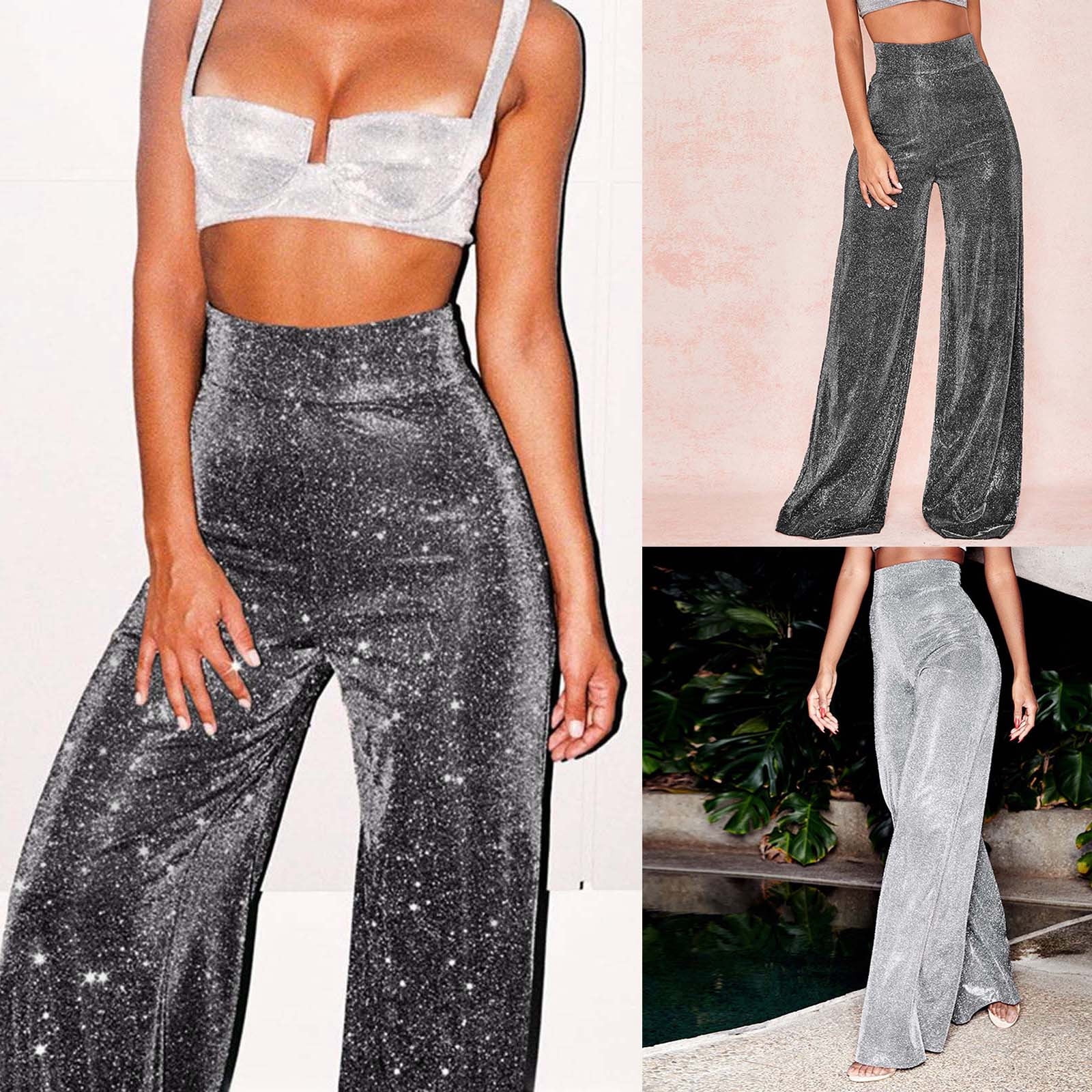 Women's High Waist Wide Leg Palazzo Lounge Pants Metallic Glitter Bell ...