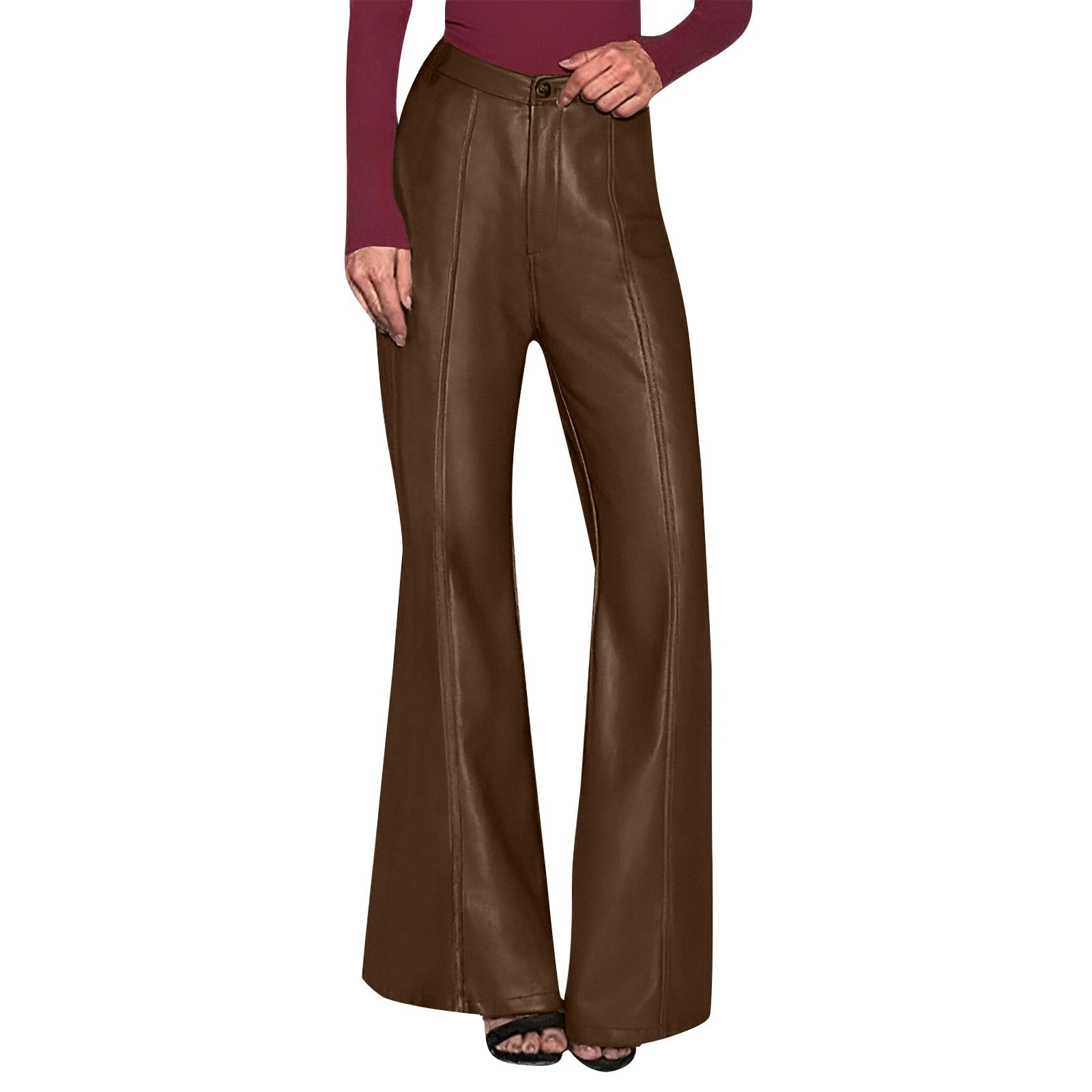 Women's High Waisted Faux Leather Straight Leg Flare Pants with Pockets ...