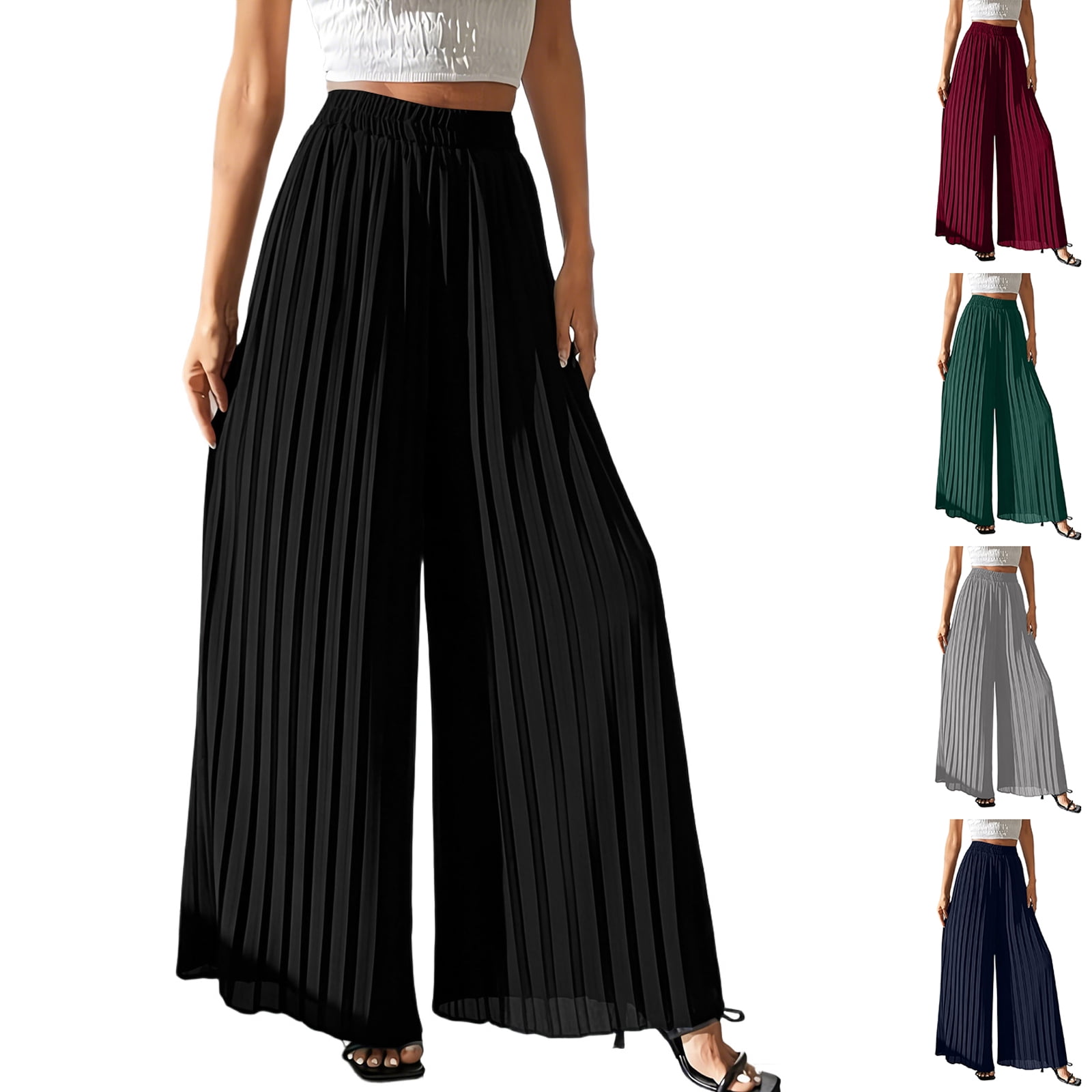 Women's High Waisted Pleated Palazzo Pants Flowy Chiffon Wide Leg ...