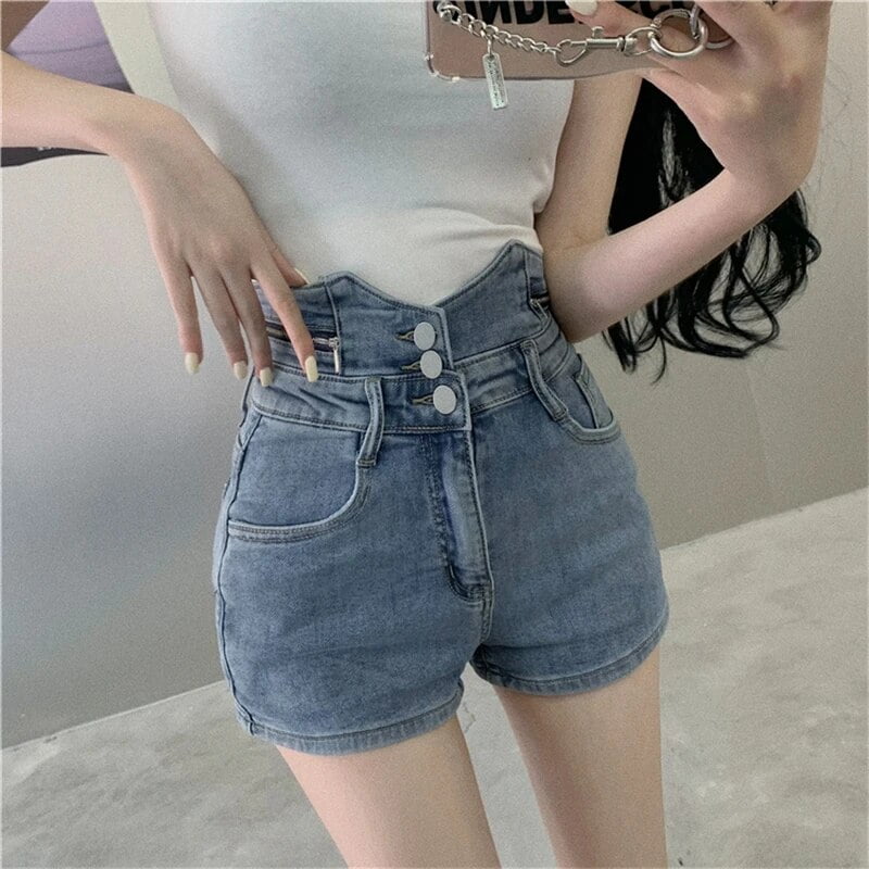 Women's High Waisted Three Button Denim Shorts Vintage Style Slim Fit ...