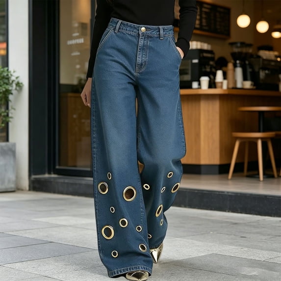 Women's High Waisted Wide Leg Jeans with Cut Out Eyelet Metal Ring ...