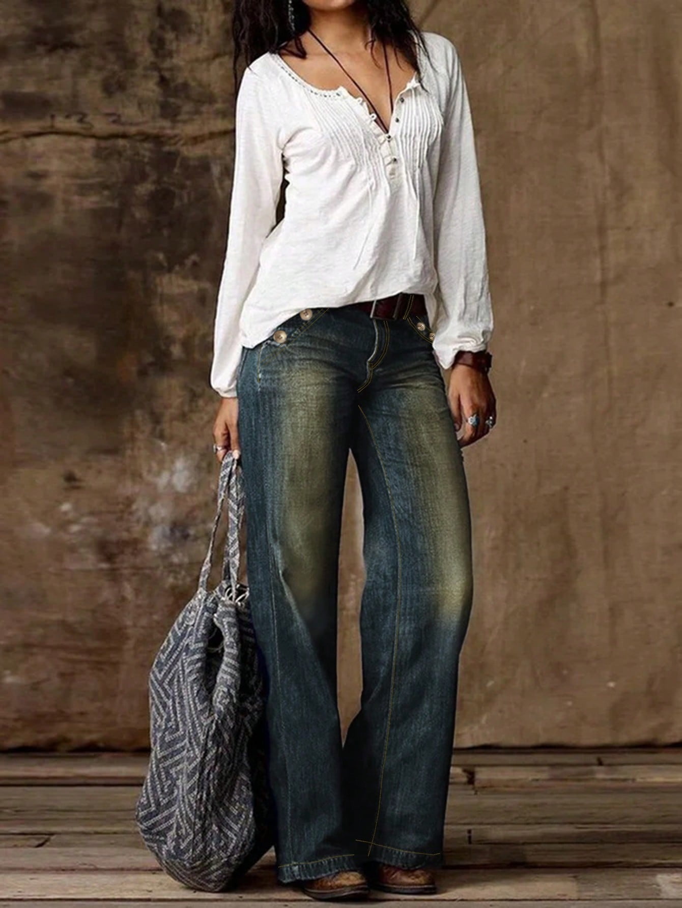 Women’s High Waisted Wide Leg Long Denim Pants Vintage Washed Flare ...