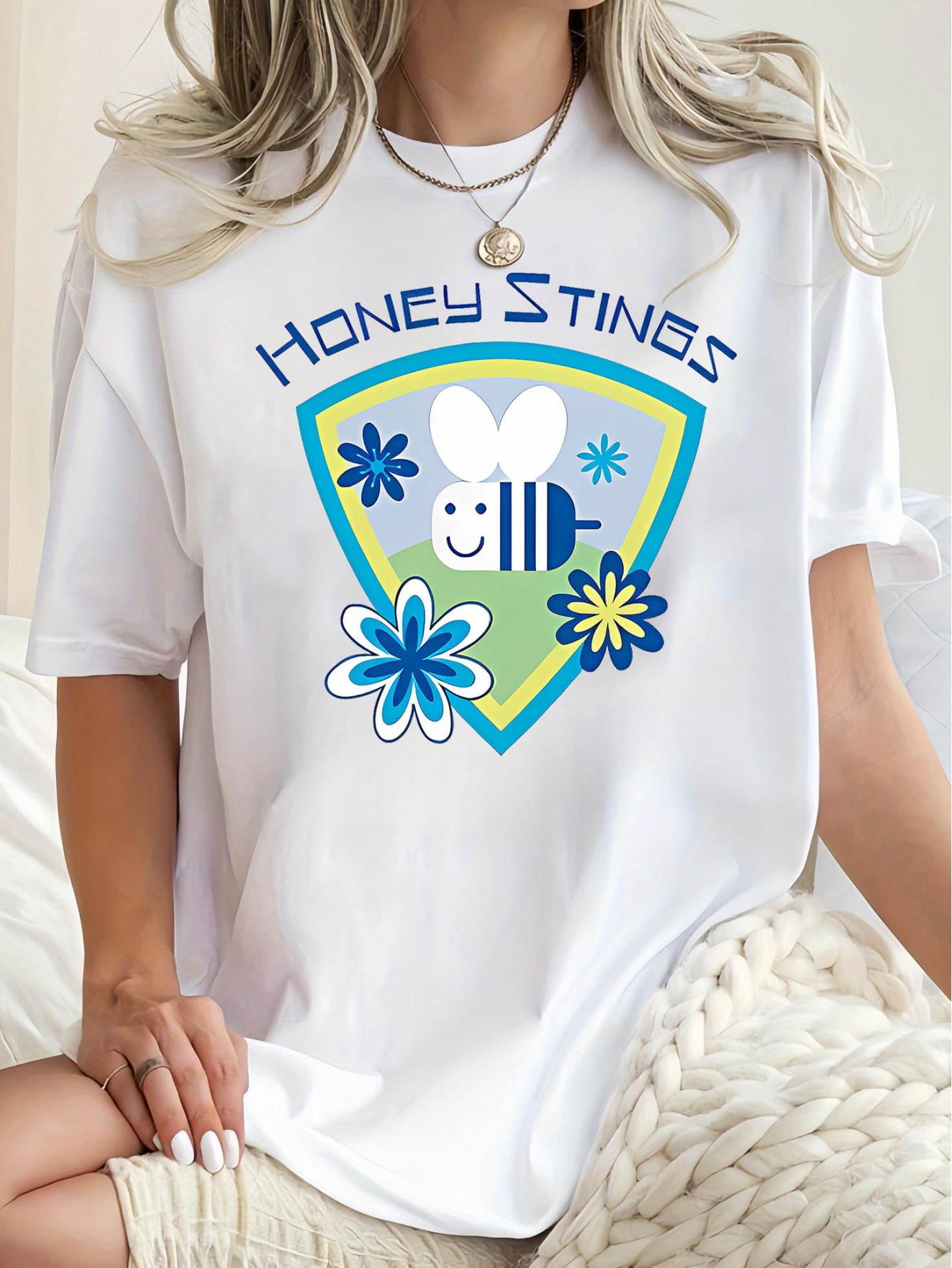 Women's Honey Stings Cartoon & Flower Graphic T-Shirt - Soft, Comfortable Casual Summer Top ...