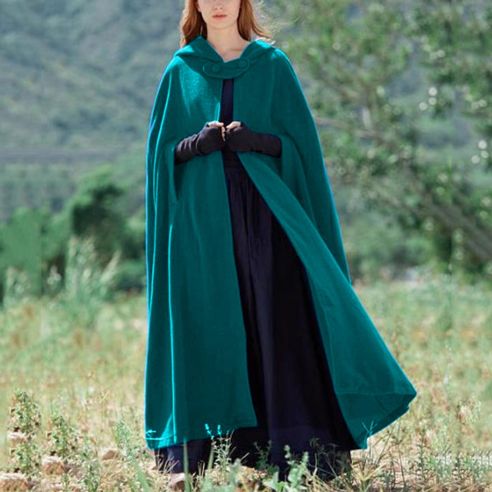 Women's Hooded Cape Coat, Long Wool Blend Cloak, Open Front Poncho ...