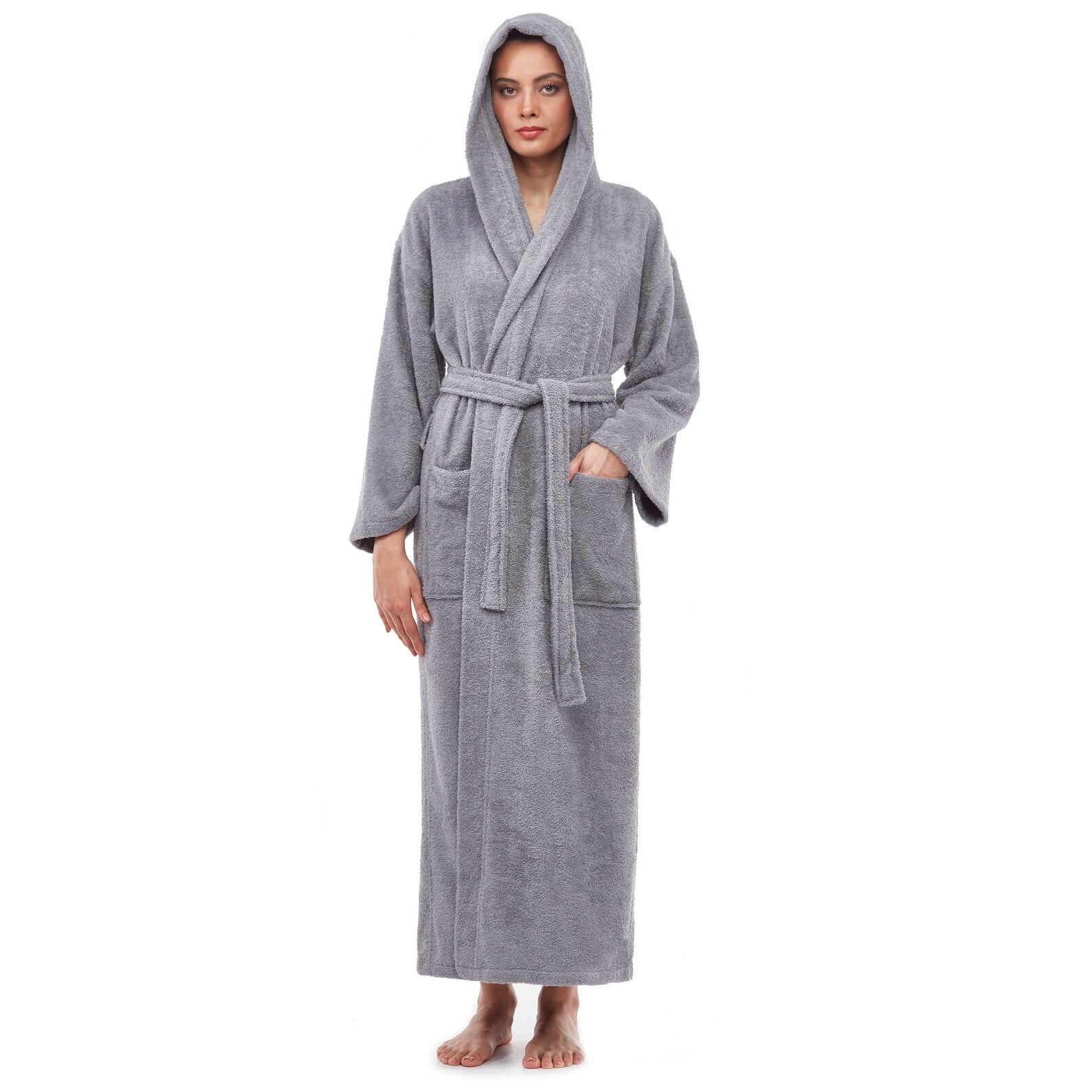 Women's Hooded Long Bathrobe Terry Cotton - Full Ankle Length Spa Robe ...