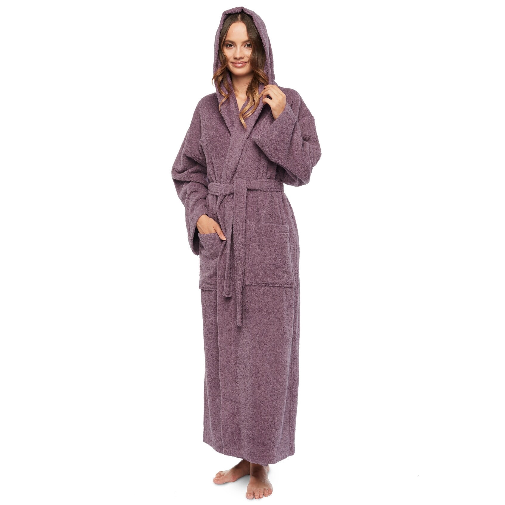 Women's Hooded Long Bathrobe Terry Cotton - Full Ankle Length Spa Robe ...