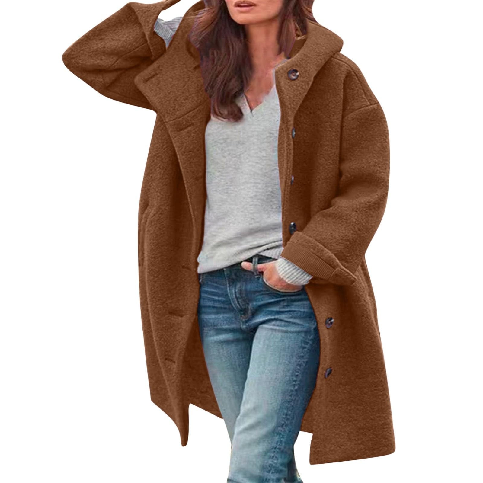 Women's Hooded Wool Blend Long Coat, Button Up Front with Pockets and ...