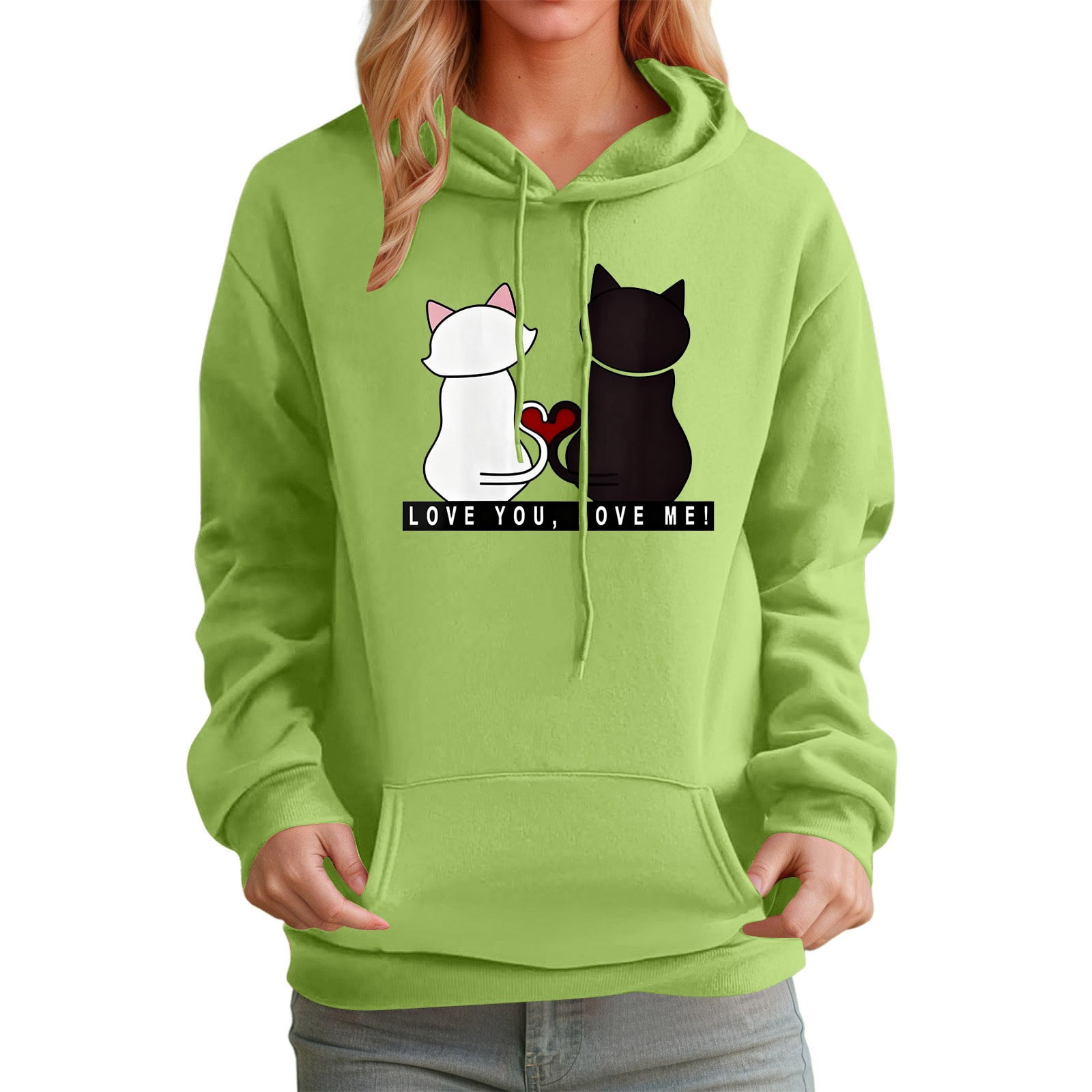 Women's Hoodie Oversize Cute Cartoon Cat Heart Graphic Long Sleeve with ...