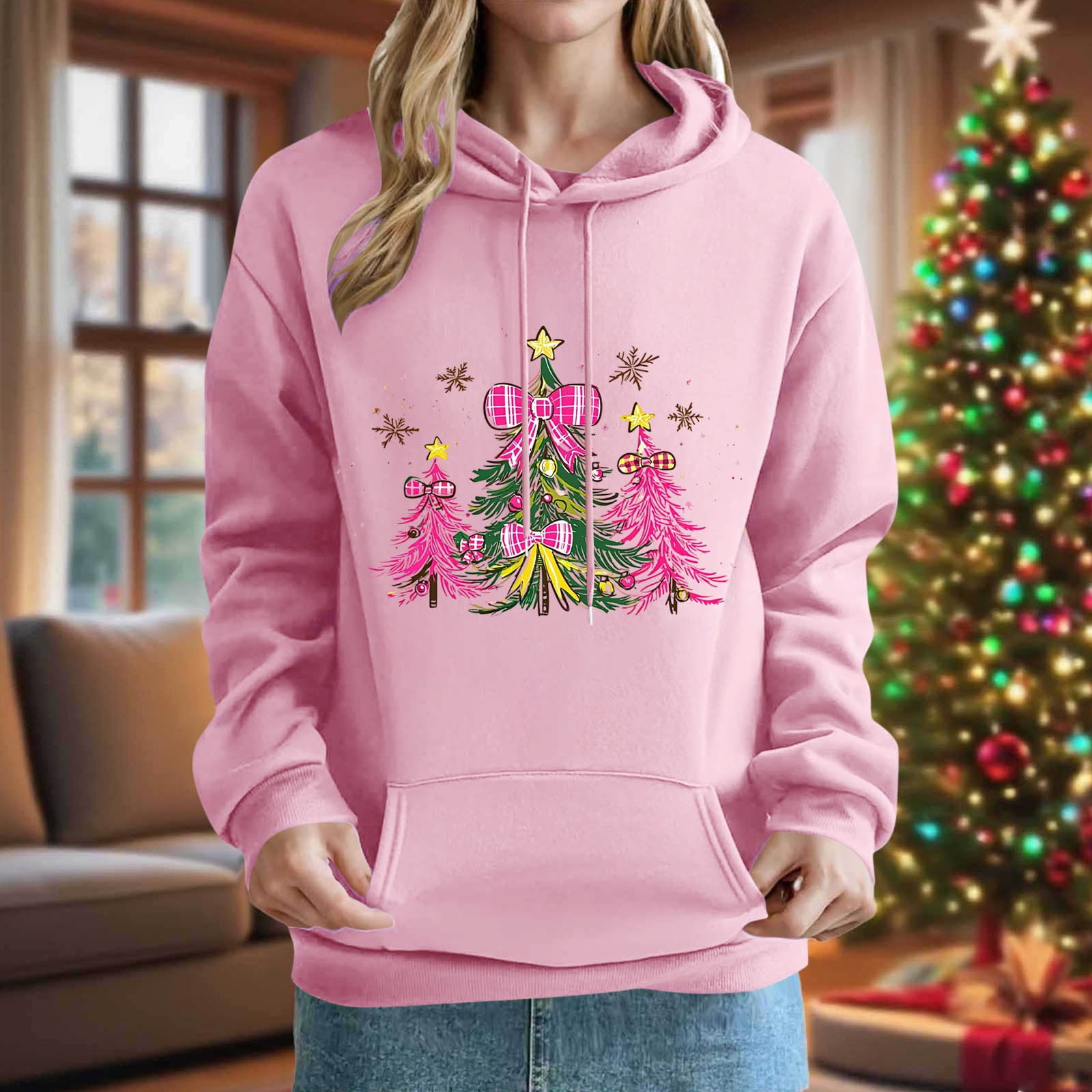 Women's Hoodies Christmas Tree Print Long Sleeves Pullover Hoodie ...