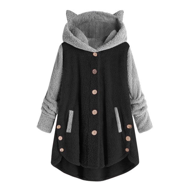 Women's Hoodies Coat Cute Cat Print Fuzzy Fleece Hooded Tunic ...