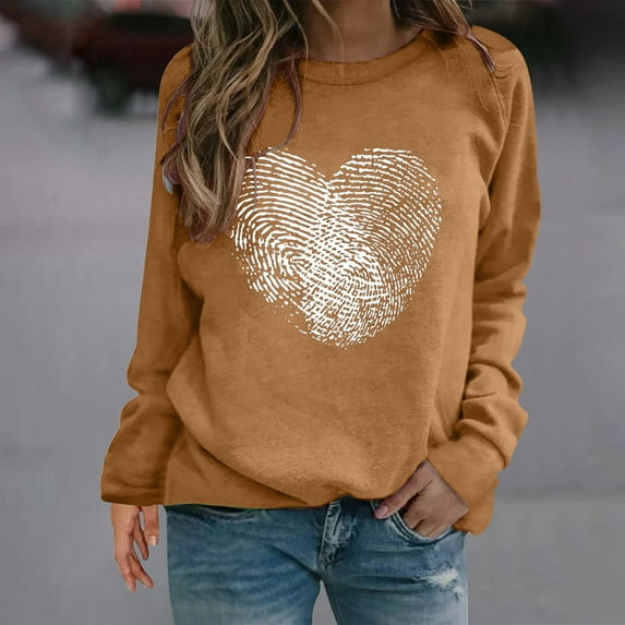 Women's Hoodless Sweatshirt Women'S Fingerprint Heart Print Round Neck ...