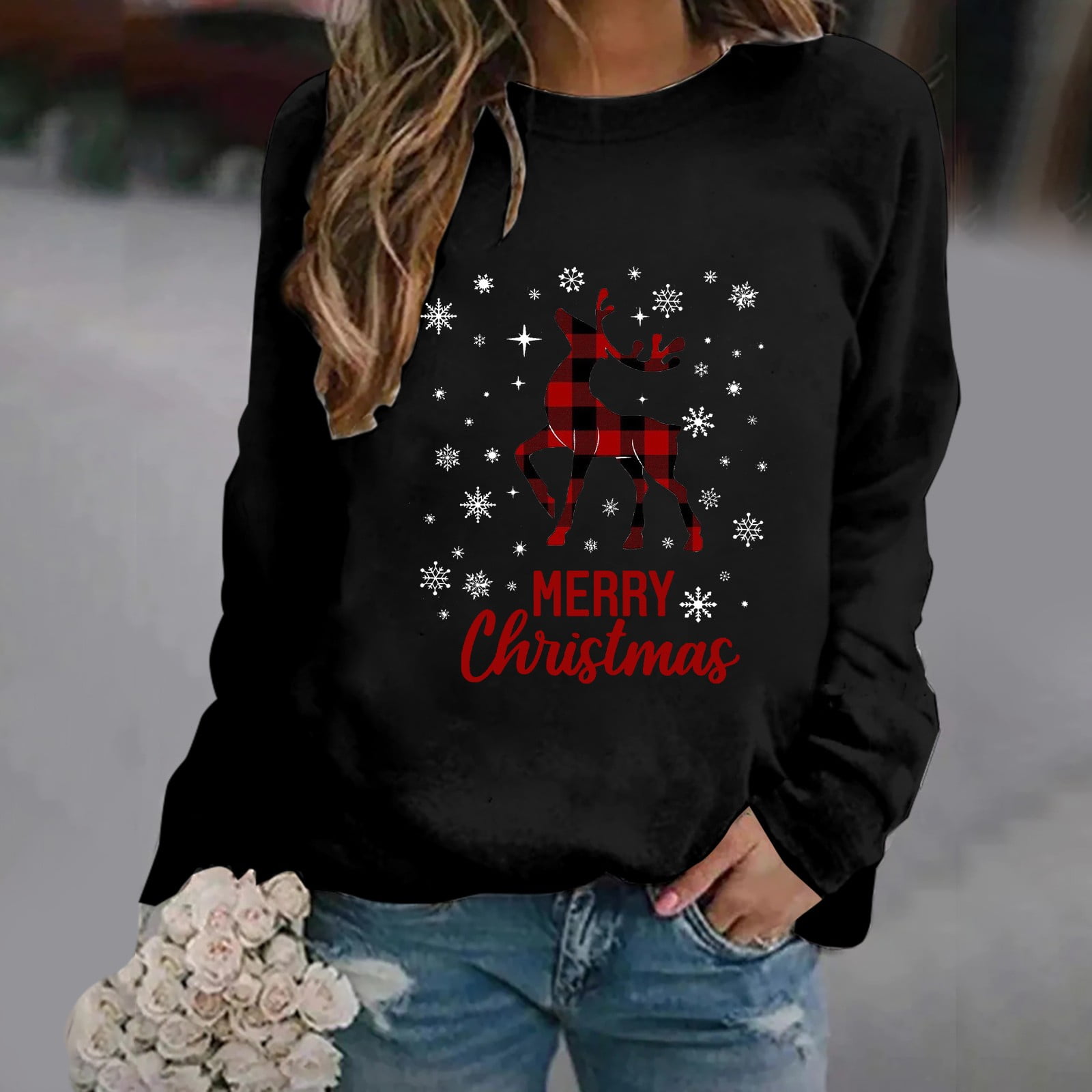 Women's Hoodless Sweatshirt Women'S Round Neck Long Sleeved Deer Merry ...