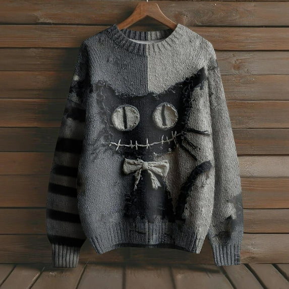 Women's Horror Halloween Spooky Face Stitched Cozy Knit Sweater Funny ...