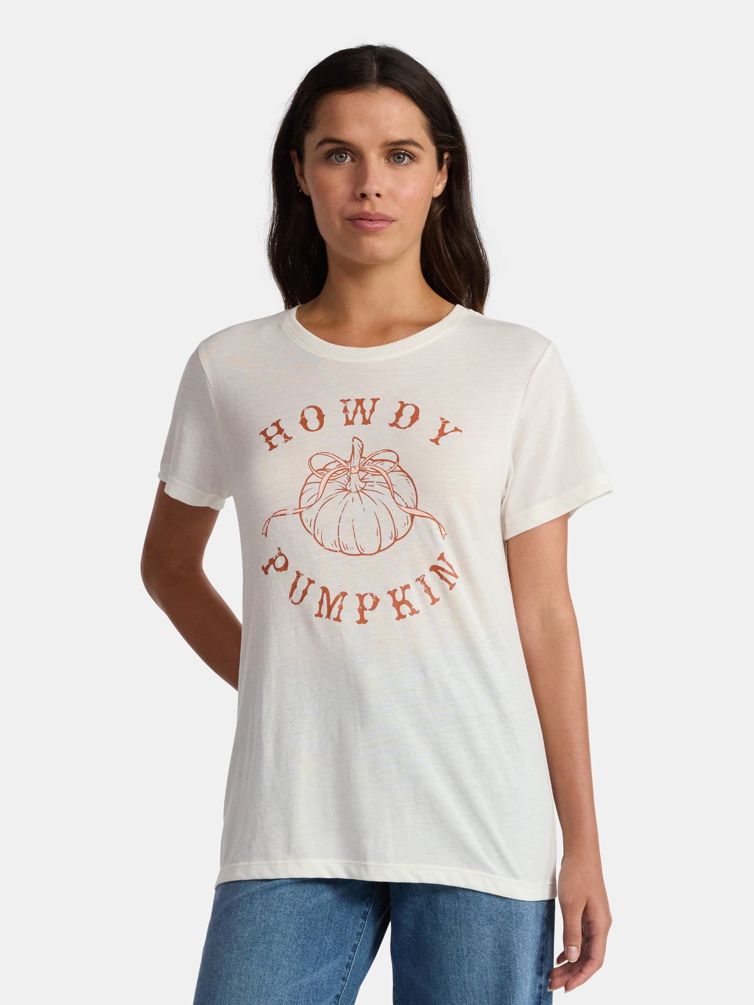 Positivitees Women's Howdy Pumpkin Graphic Seasonal Fall Tee, Sizes S ...