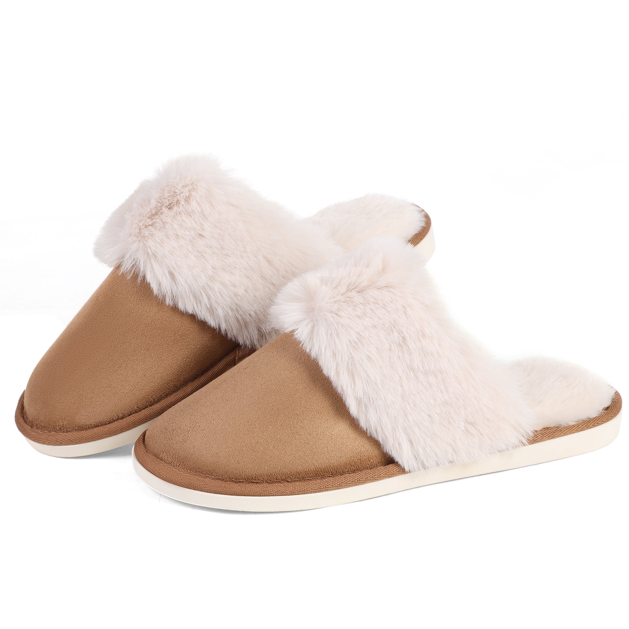 Women's Indoor Outdoor Memory Foam House Slippers,Cozy Fluffy Non-Slip Sole,Faux Fur House Shoes ...