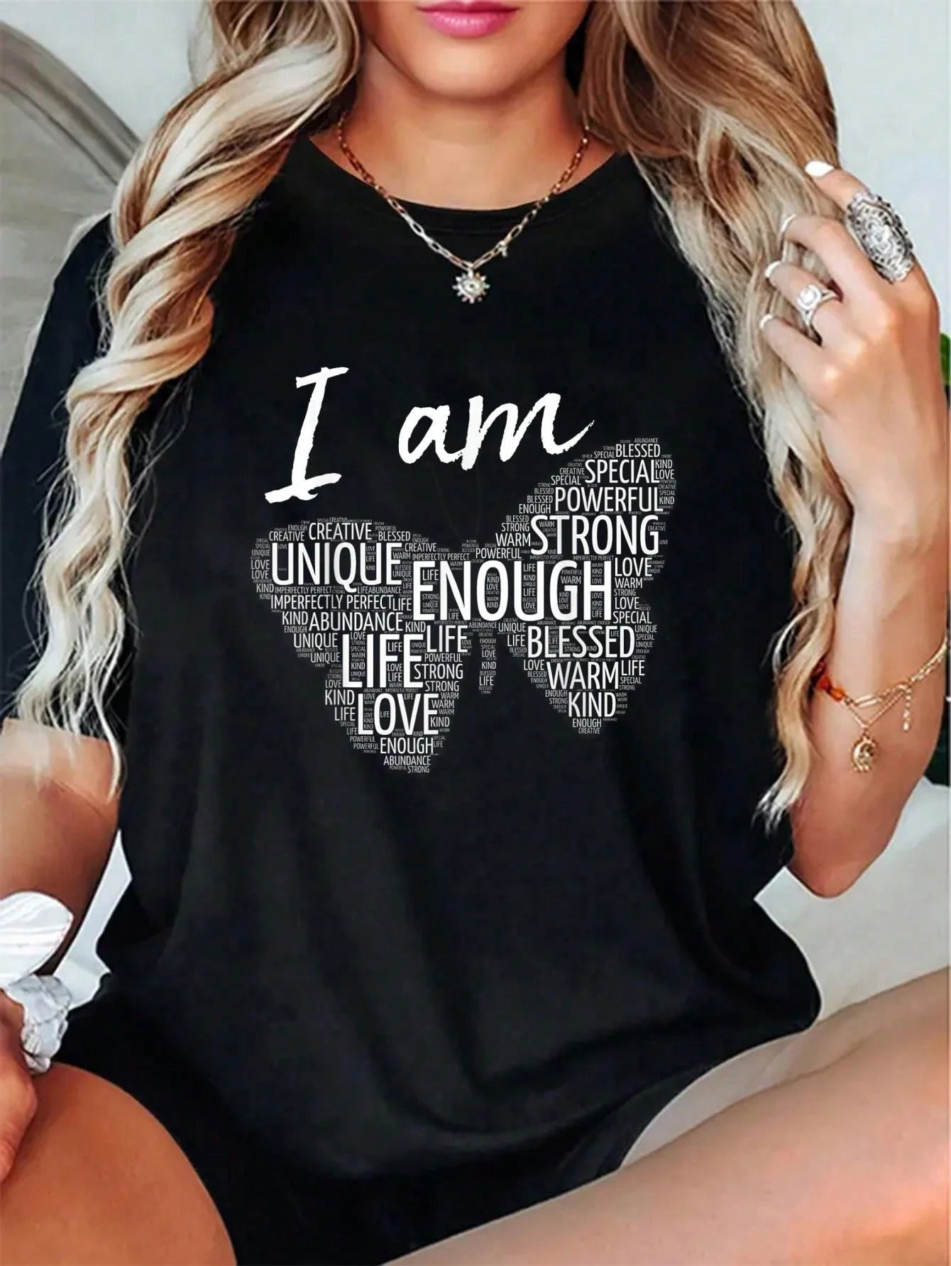 Women's Inspirational Butterfly Graphic T-Shirt - I Am Enough Positive ...