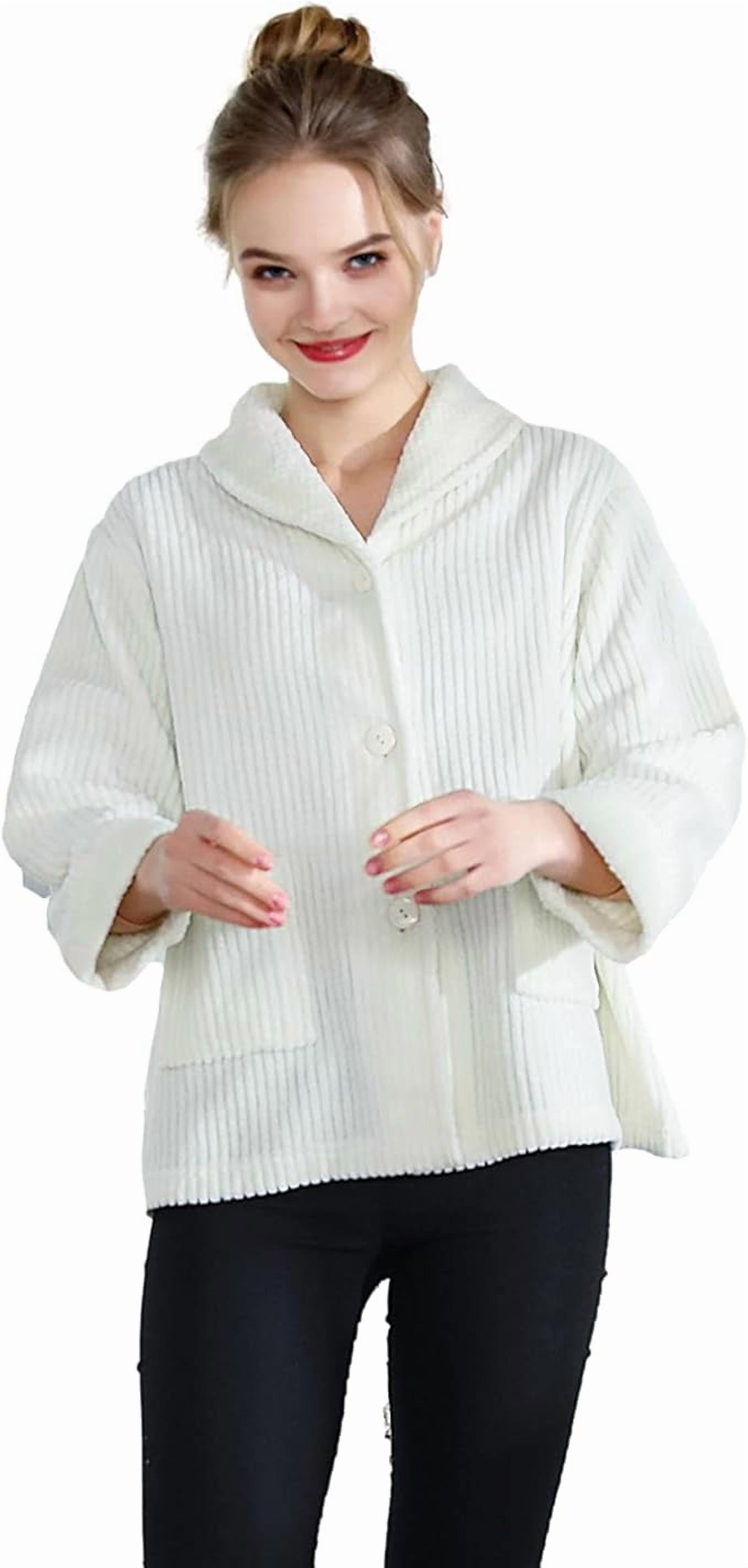 Loungees Ivory Drop Needle Coral Fleece Shawl Collar Button Front Bed ...