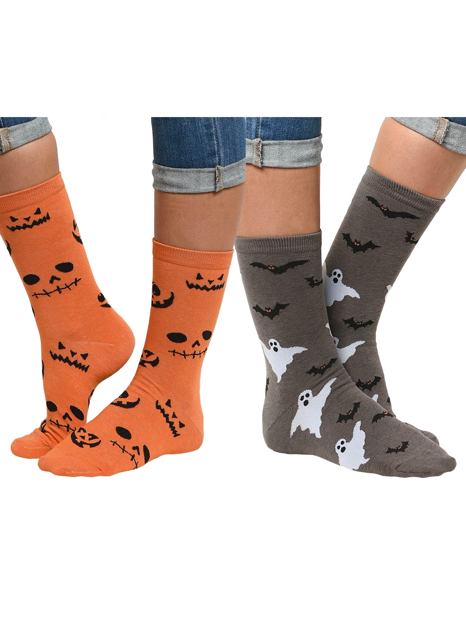 Women's Halloween Novelty Crew Socks 2-Pack - Jack O Lantern & Bats and ...