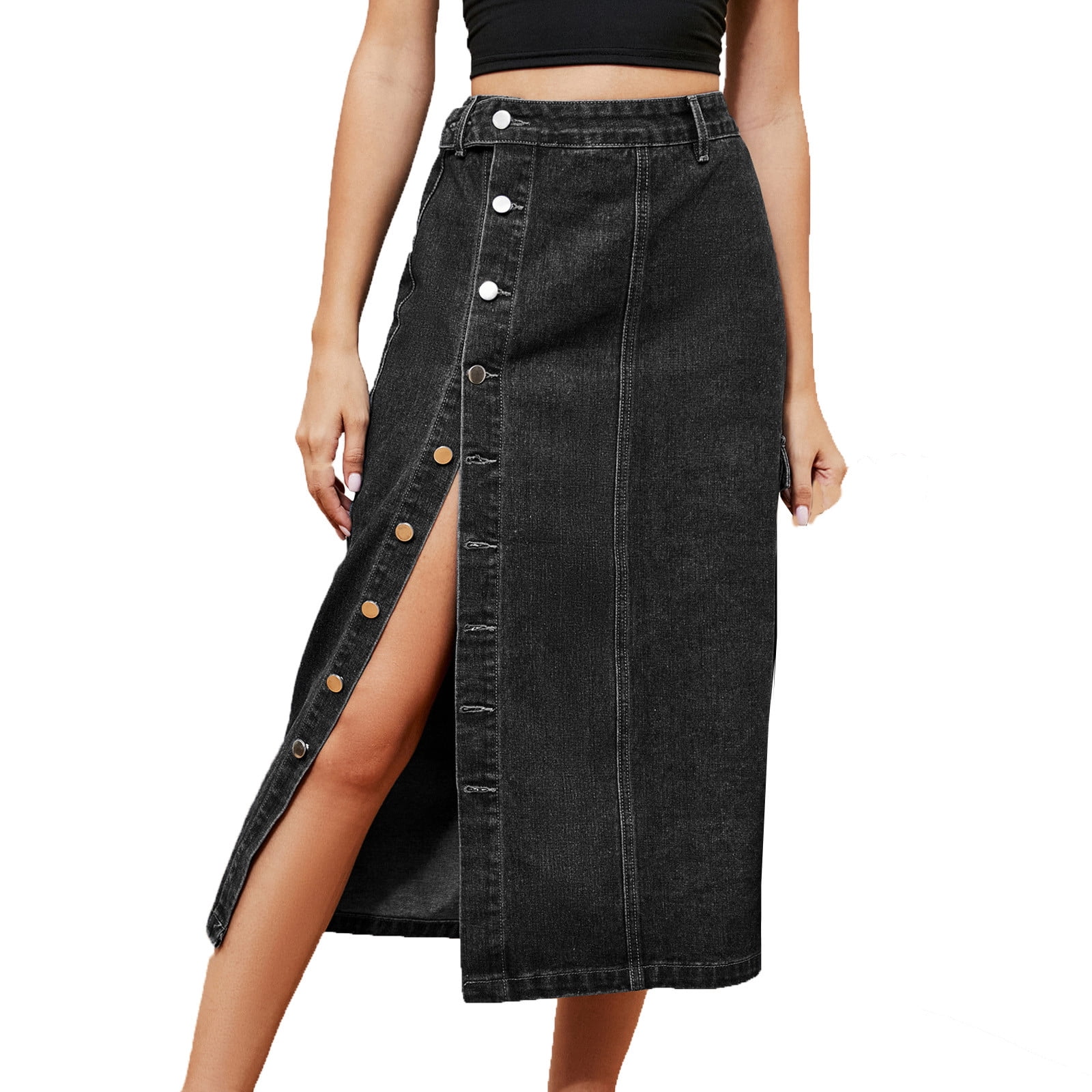 Women's Jeans Skirt Button Down High Waist Split A-line Casual Slim Fit ...