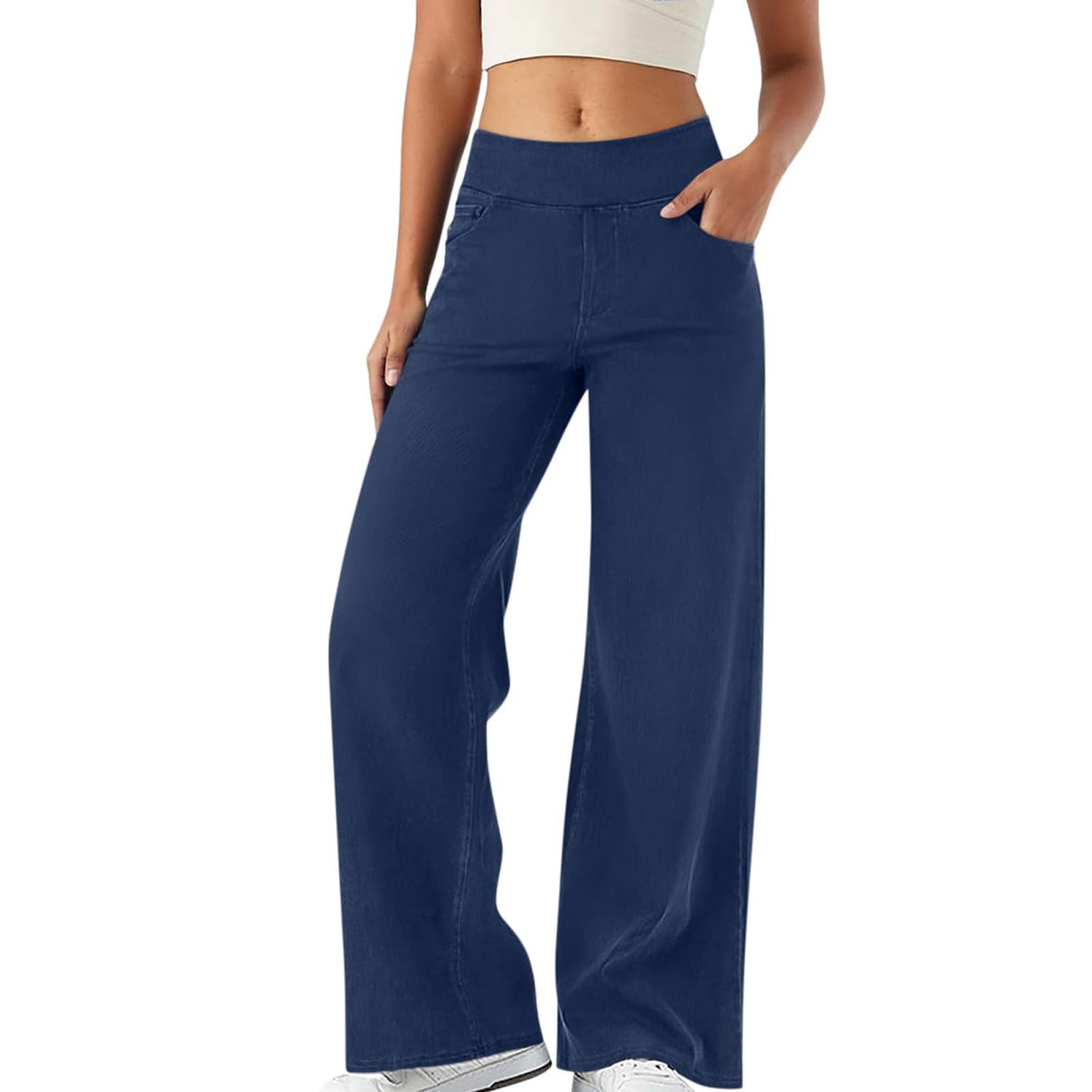 Women's Jeans Stretch Waist Denim Waist Flared Belt Pocket Wide Leg ...