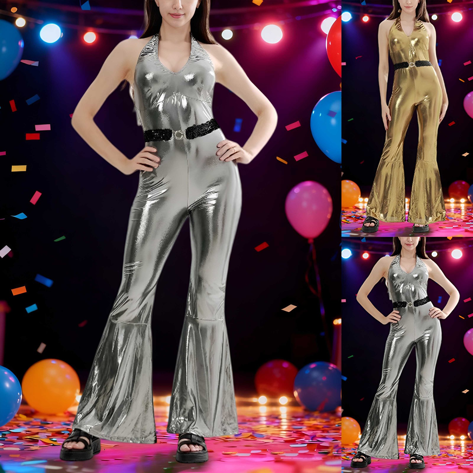 Women's Jumpsuits 70s 80s Dance Metallic Shiny Sleeveless Jumpsuit for ...