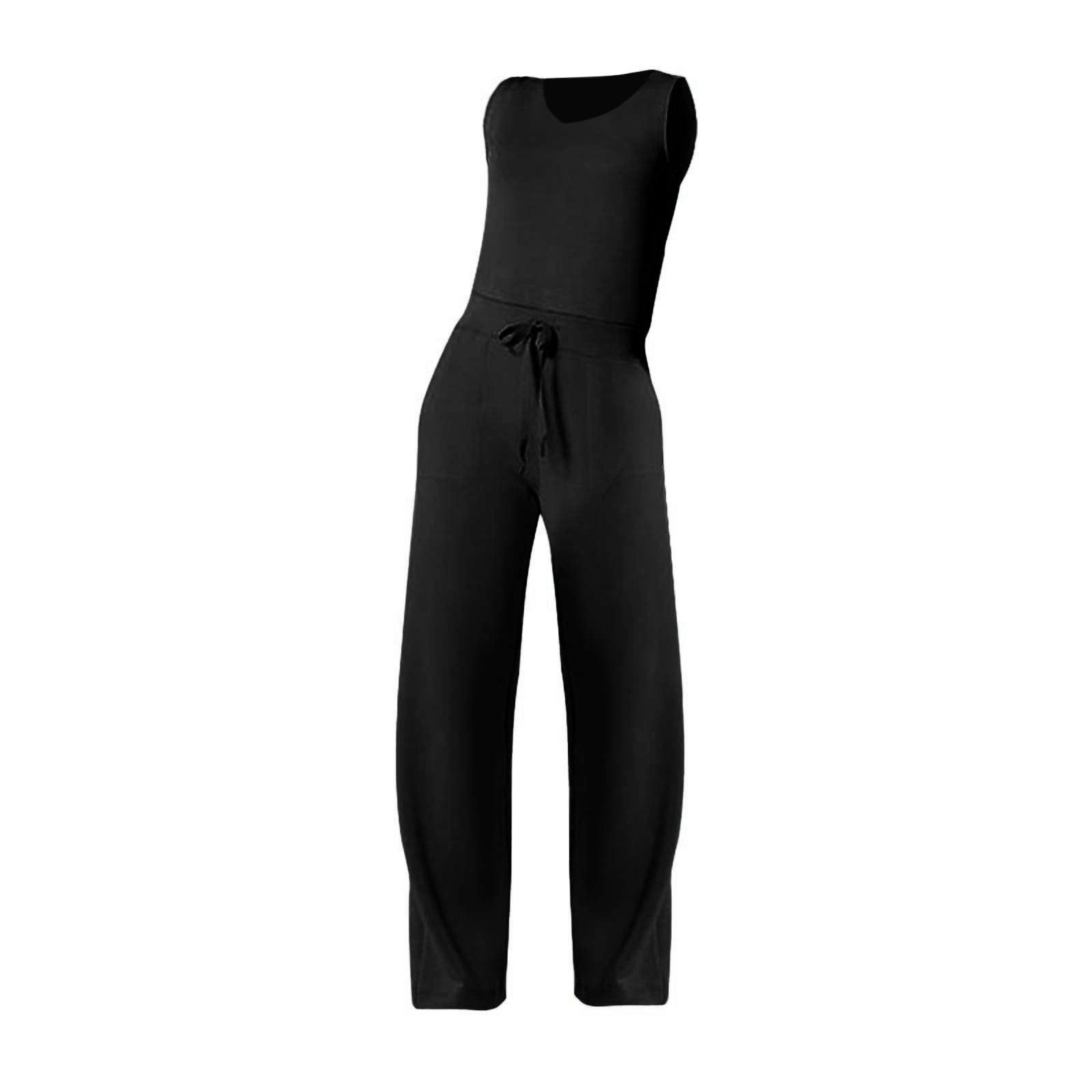 Womens Jumpsuits V Neck Sleeveless Elastic High Waist Slim Straight Wide Leg Casual Loose