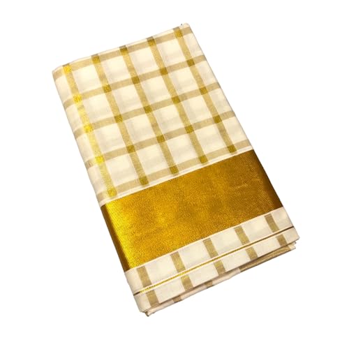 Women's Kerala Kasavu Golden Colour Tissue Checked Pattern Saree With ...