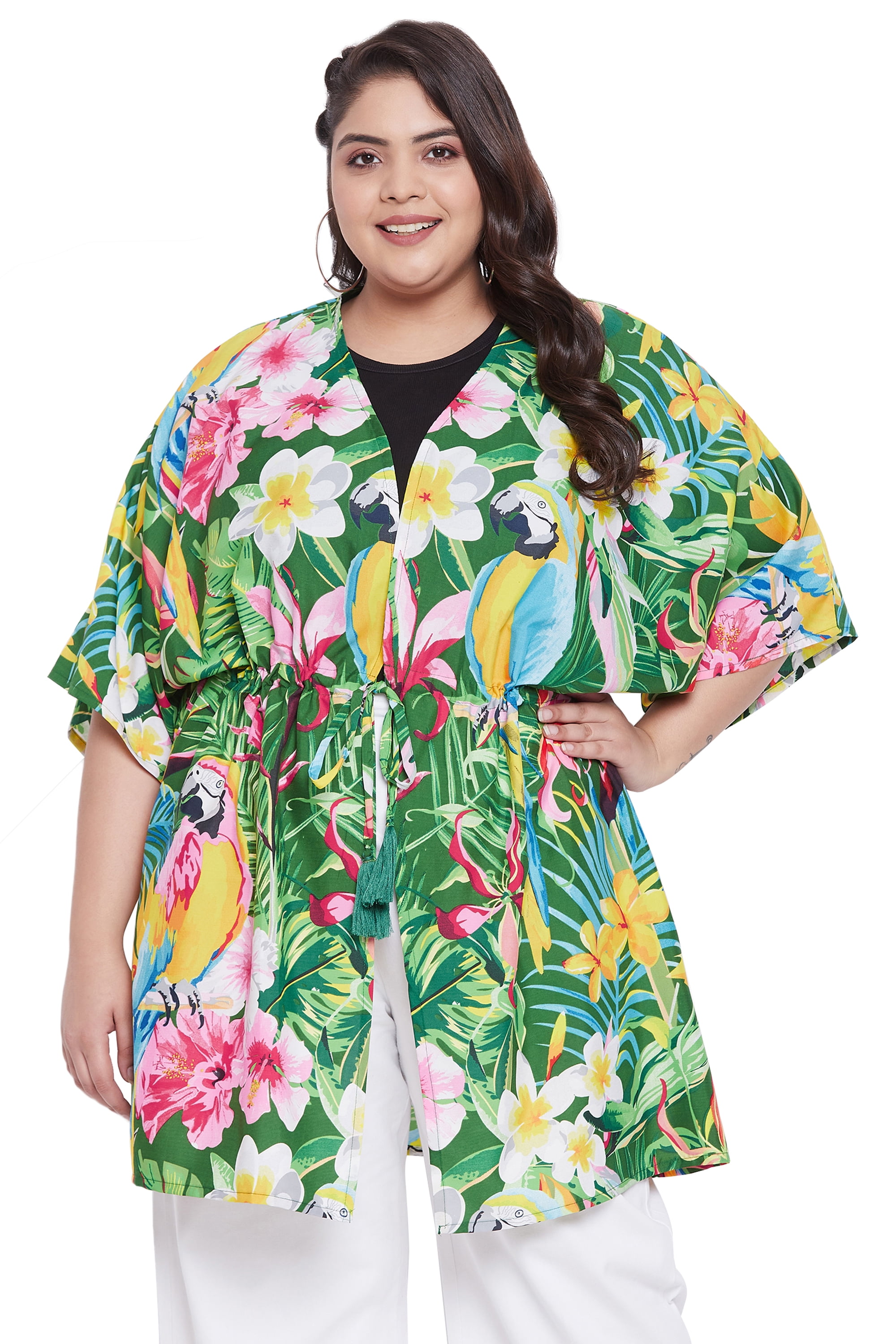 Women's Kimono Beach Cover-up Floral Print Drawstring Open Front Loose ...