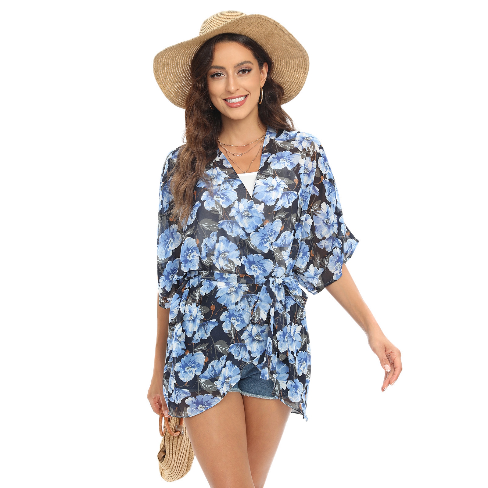 Women's Kimono Cardigan Short Sleeve Open Front Beach Cover Up Tops ...