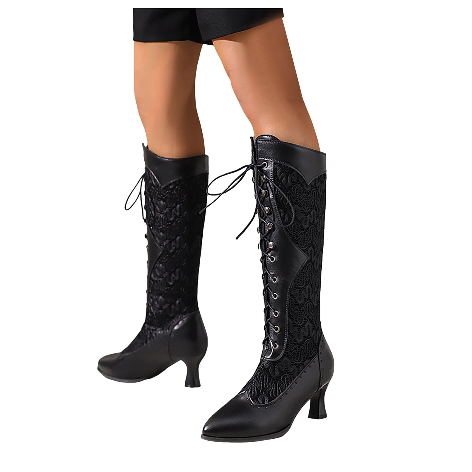Women's Knee High Combat Boots Vintage Leather Lace Pactchwork Pointed ...