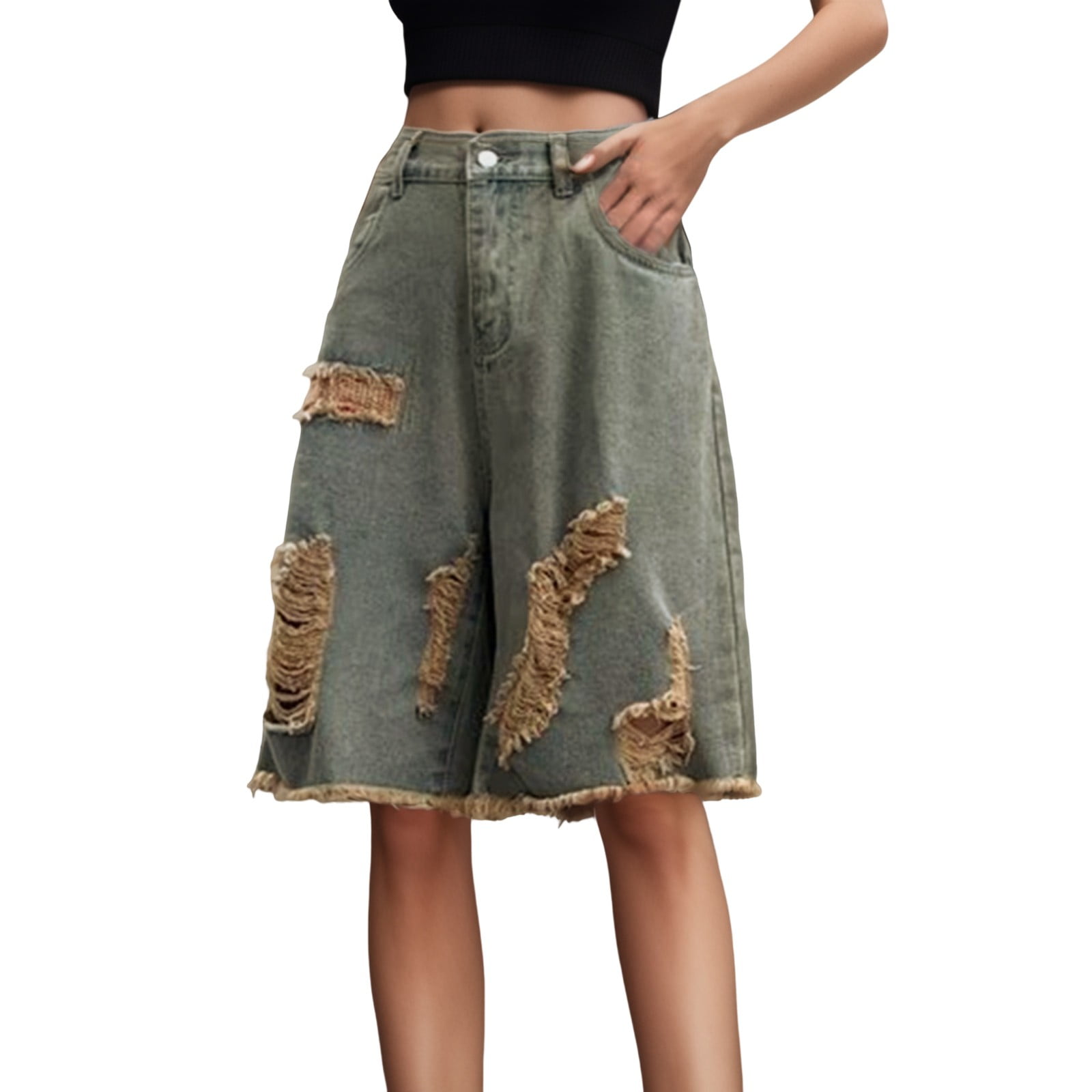 Women's Knee Length Baggy Denim Shorts Distressed Ripped Straight Wide ...