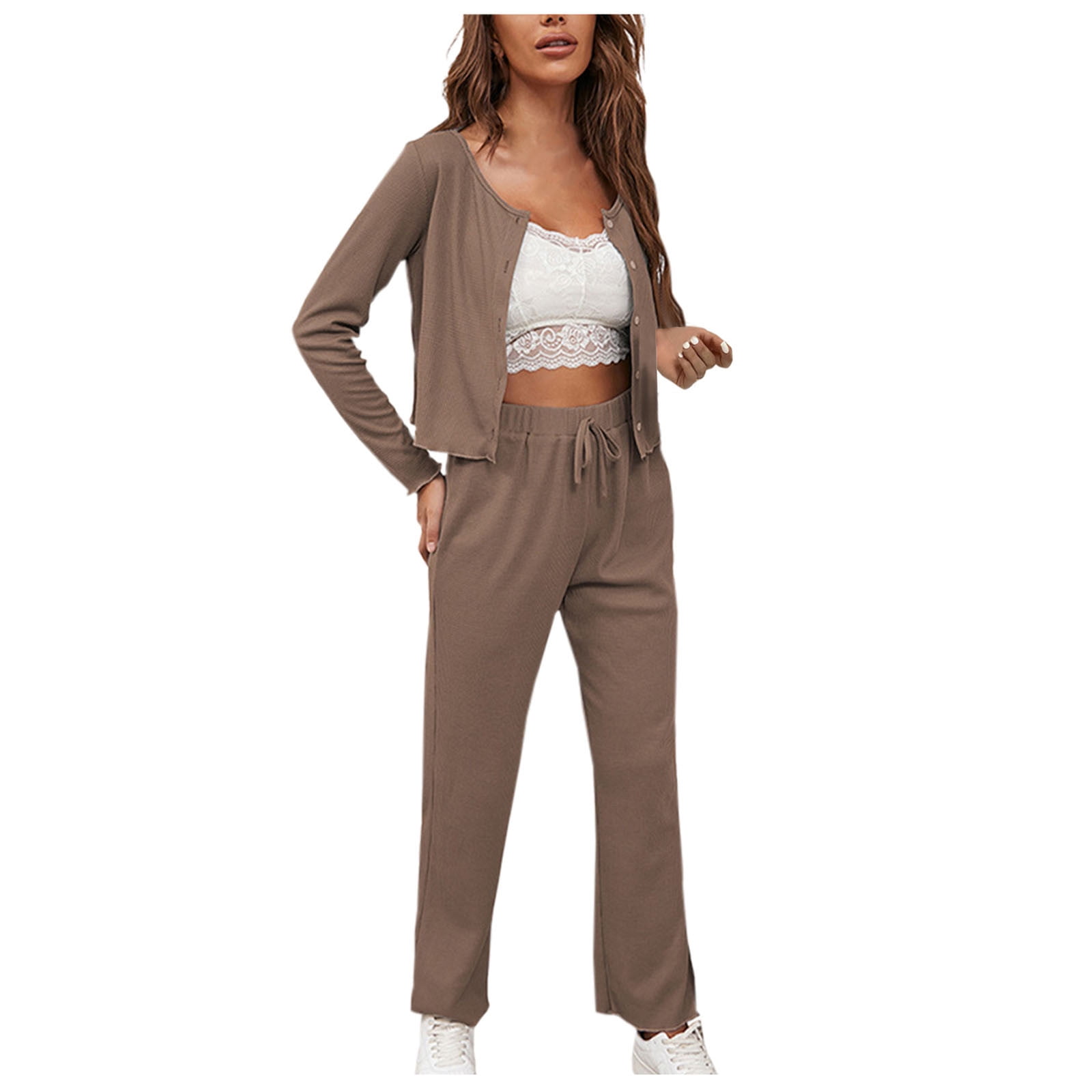 Women's Knit 2 Piece Outfit Long Sleeve Button V Neck Knit Pullover ...
