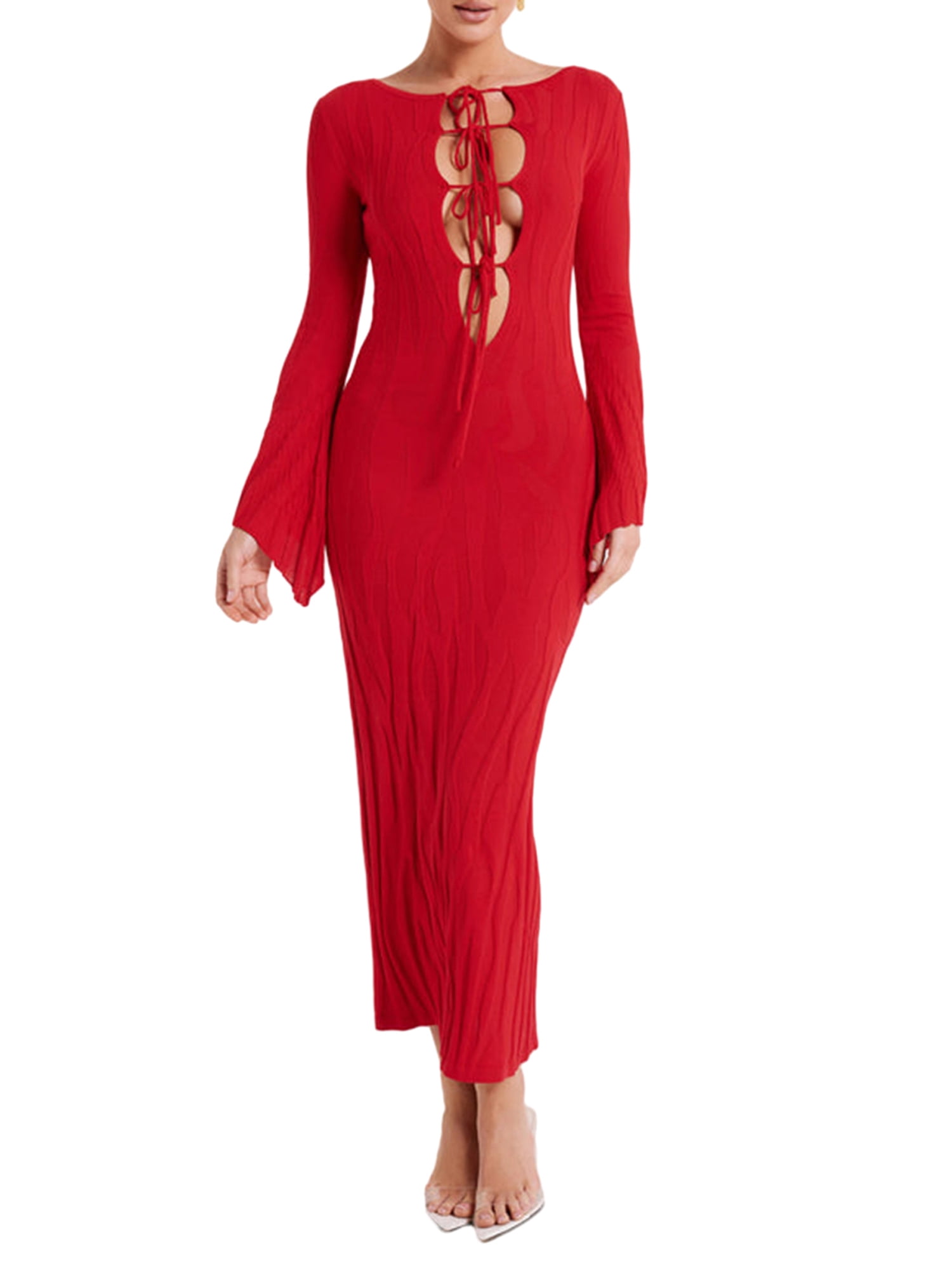 Women's Knit Long Dress Solid Color Cutout Tie Front Flare Long Sleeve ...