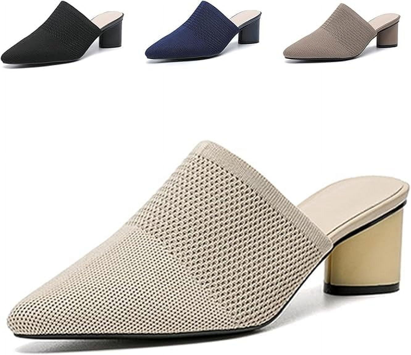 Women’s Knit Mesh Chunky Heel Mules Closed Pointed Toe Backless Slip On ...