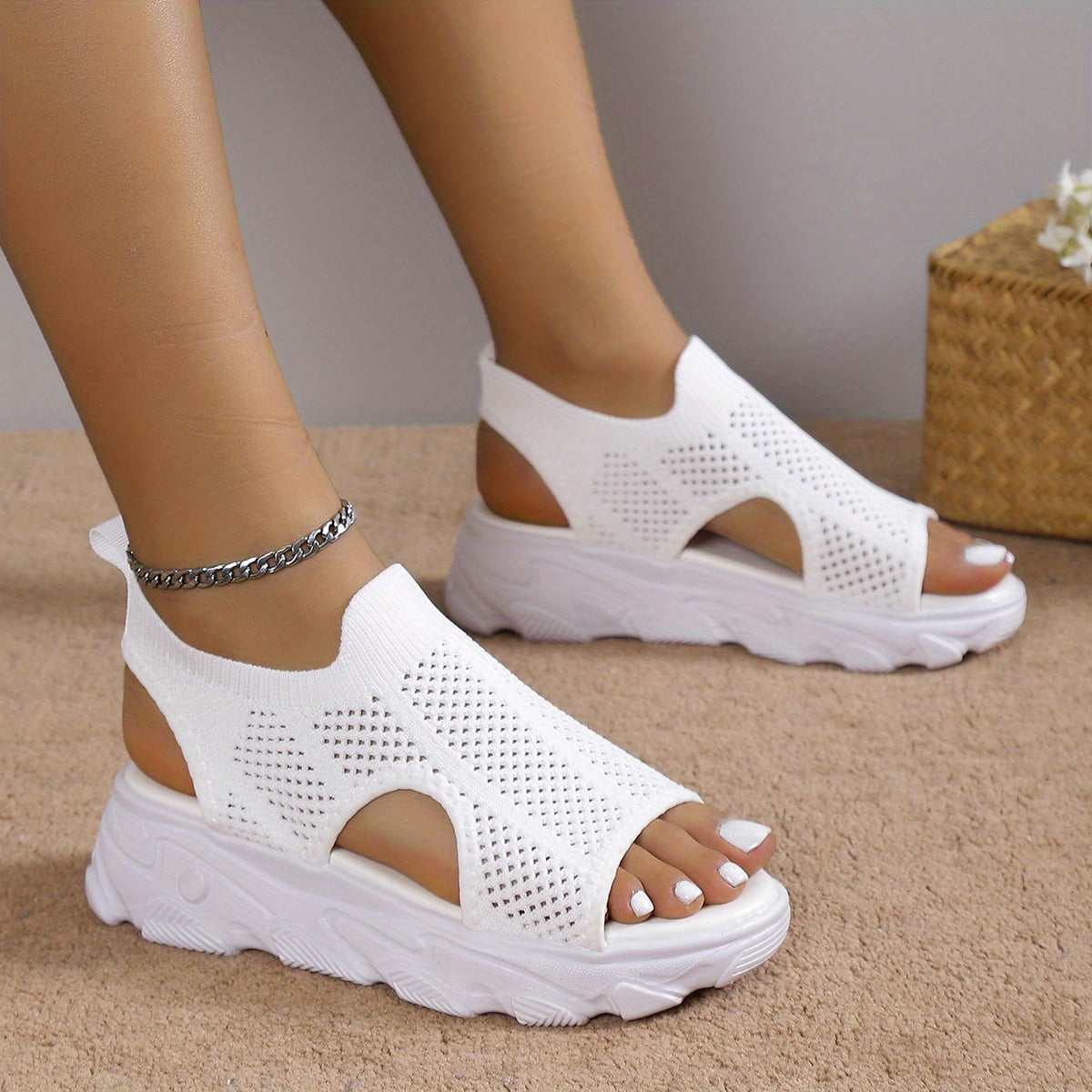 Women's Knit Platform Sandals, Comfy Cut-out Peep Toe Slip On Shoes ...