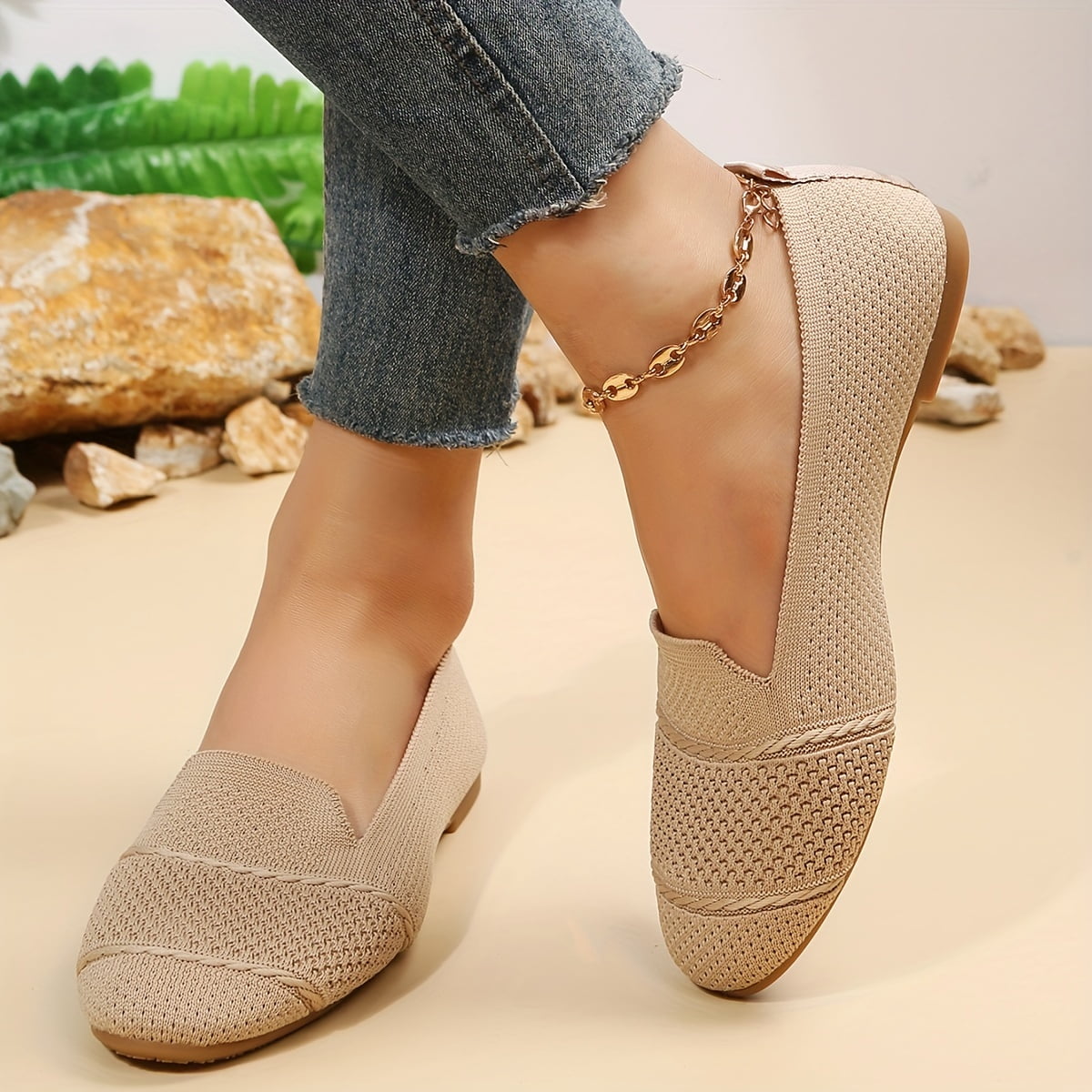 Women's Knitted Ballet Flats, Almond Toe Soft Sole Slip On Shoes ...