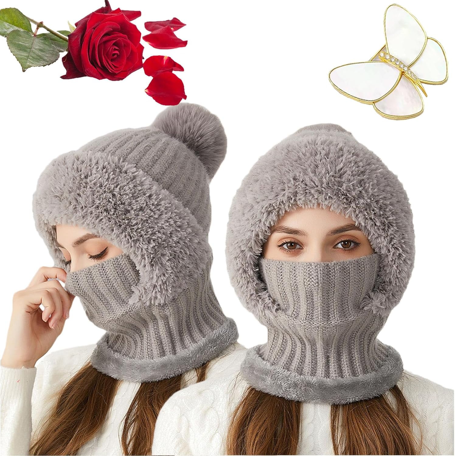 Women's Knitted Hat in Autumn and Winter, 3 in 1 Cold Resistant Hat ...