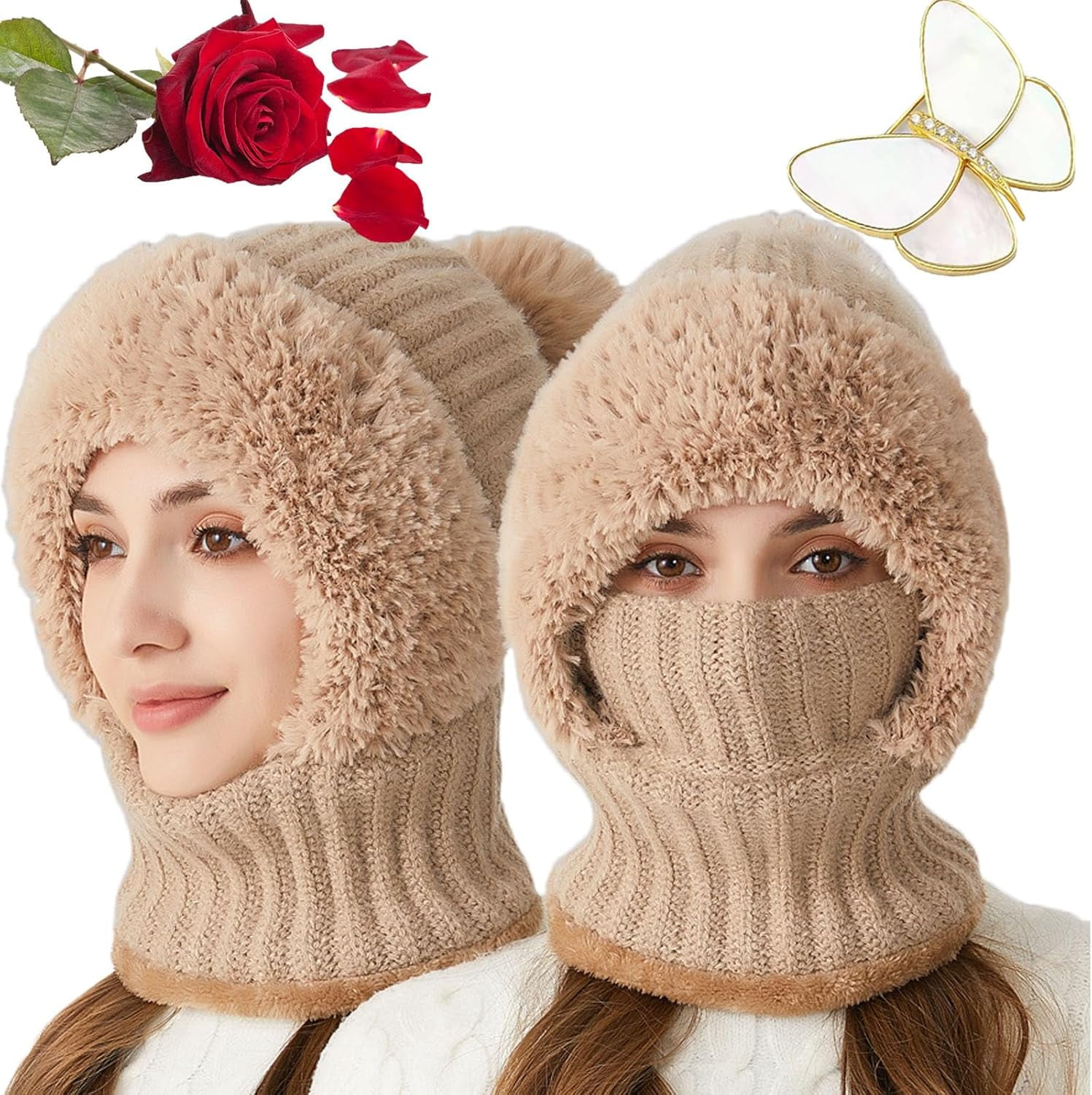 Women's Knitted Hat in Autumn and Winter, 3 in 1 Cold Resistant Hat ...